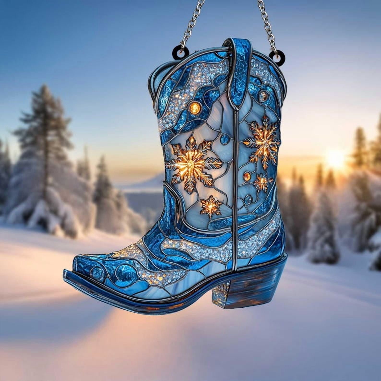 Winter Cowboy Boot Acrylic Suncatcher – Blue Snowflake Western Boot ...