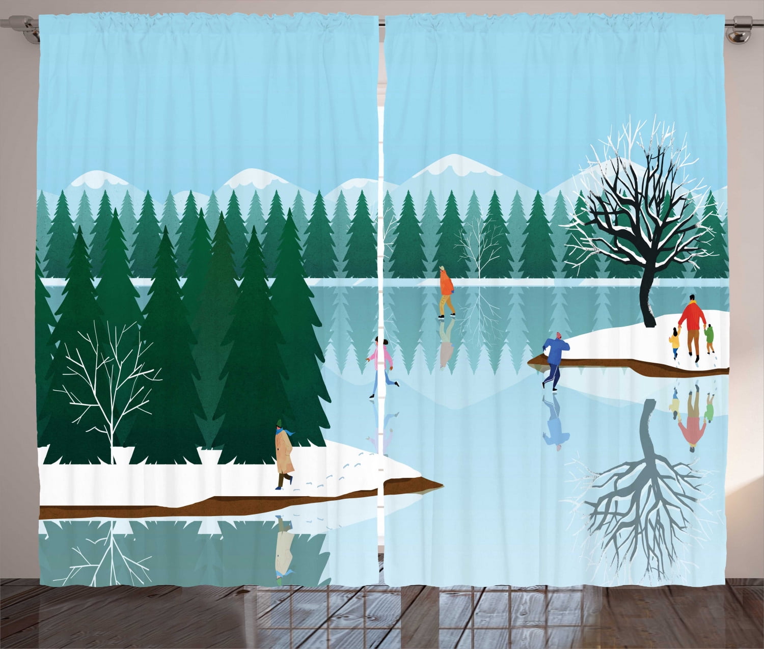 Ambesonne Winter Curtains 2 Panel Set, Ice Skating Frozen Lake Art, 108 ...