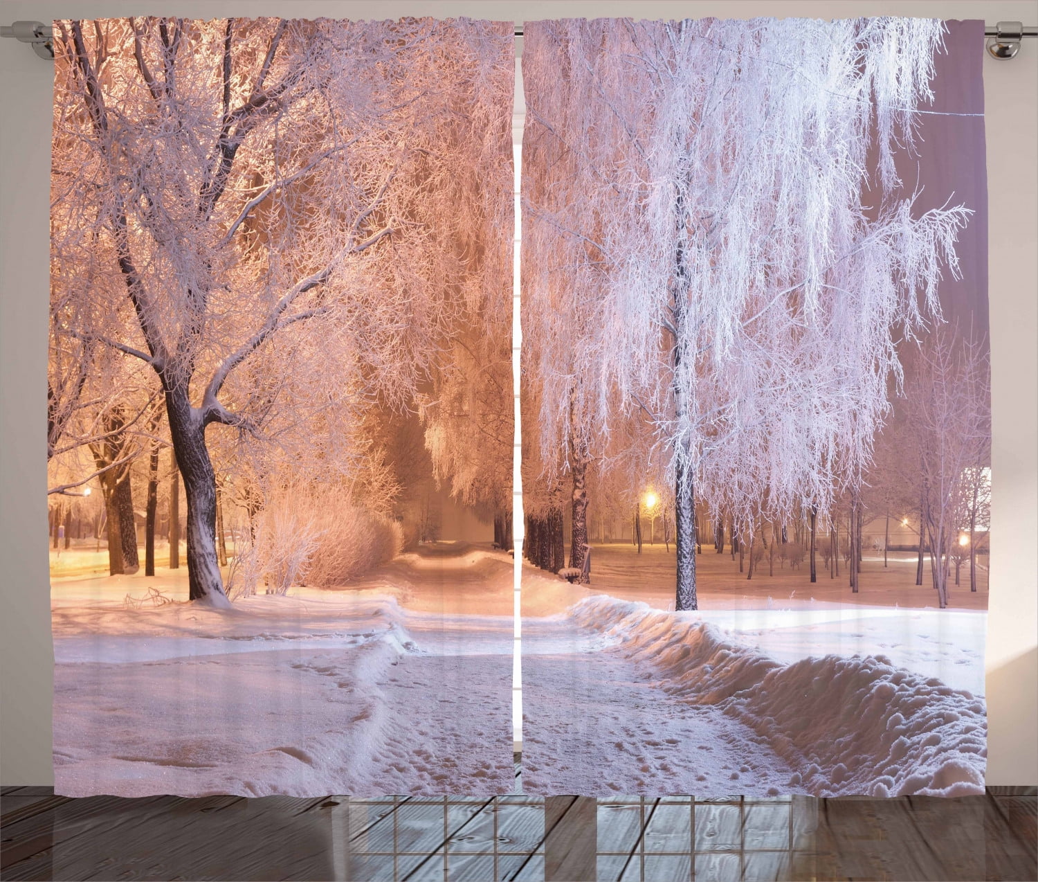 Ambesonne Winter Curtains 2 Panel Set, Night Scene Frozen Trees, 108" x ...