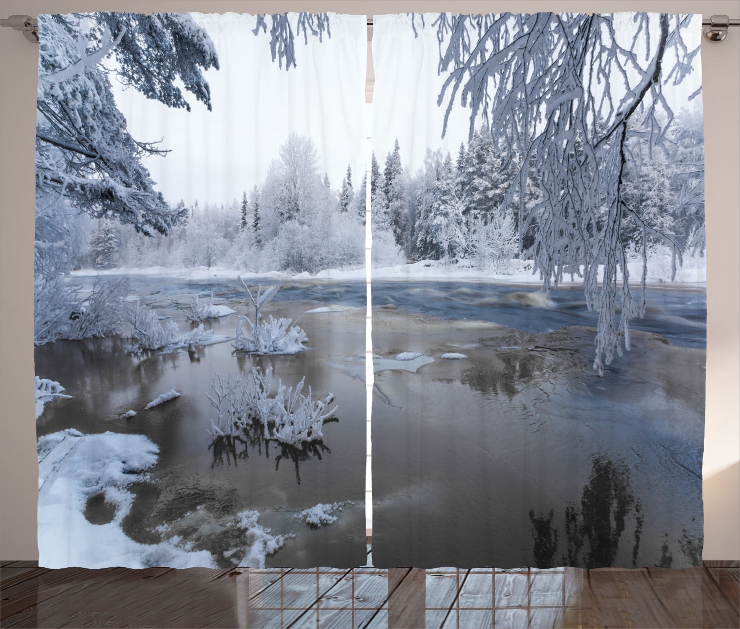 Ambesonne Winter Curtains 2 Panel Set, Nordic Snow Nature Icy, 108" x ...