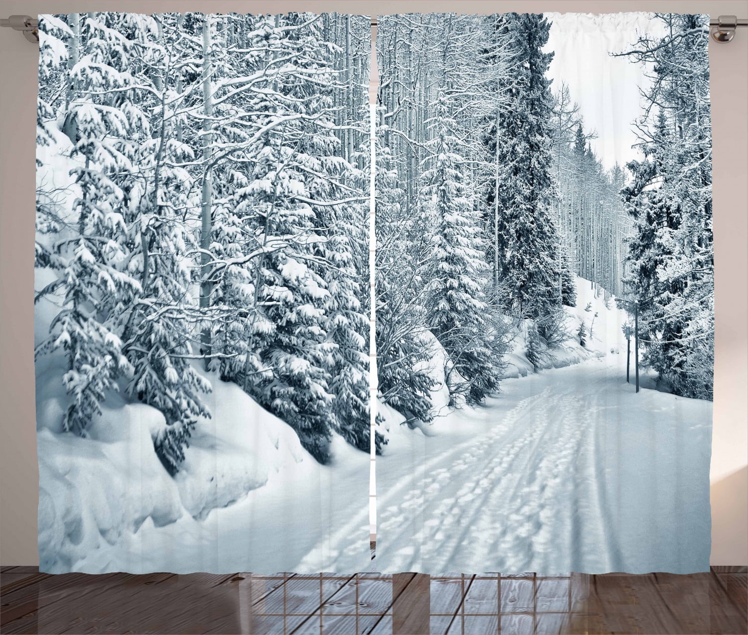 Ambesonne Winter Curtains 2 Panel Set, Ski Theme Snowy Road, 108" x 90 ...