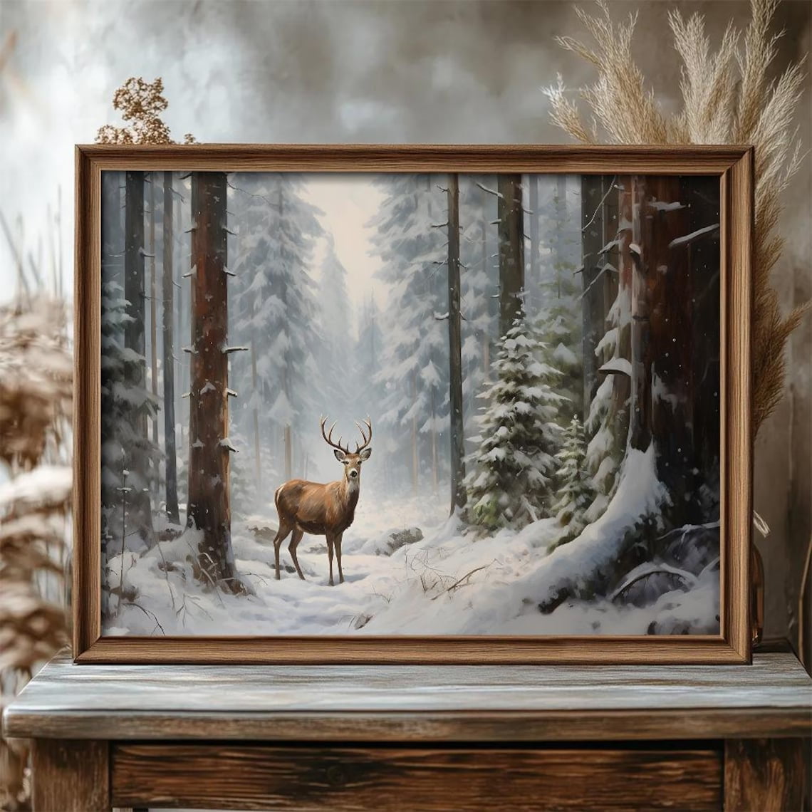 Winter Deer Art Snowy Forest, Rustic Cabin Decor Home Decor, 8x12 ...
