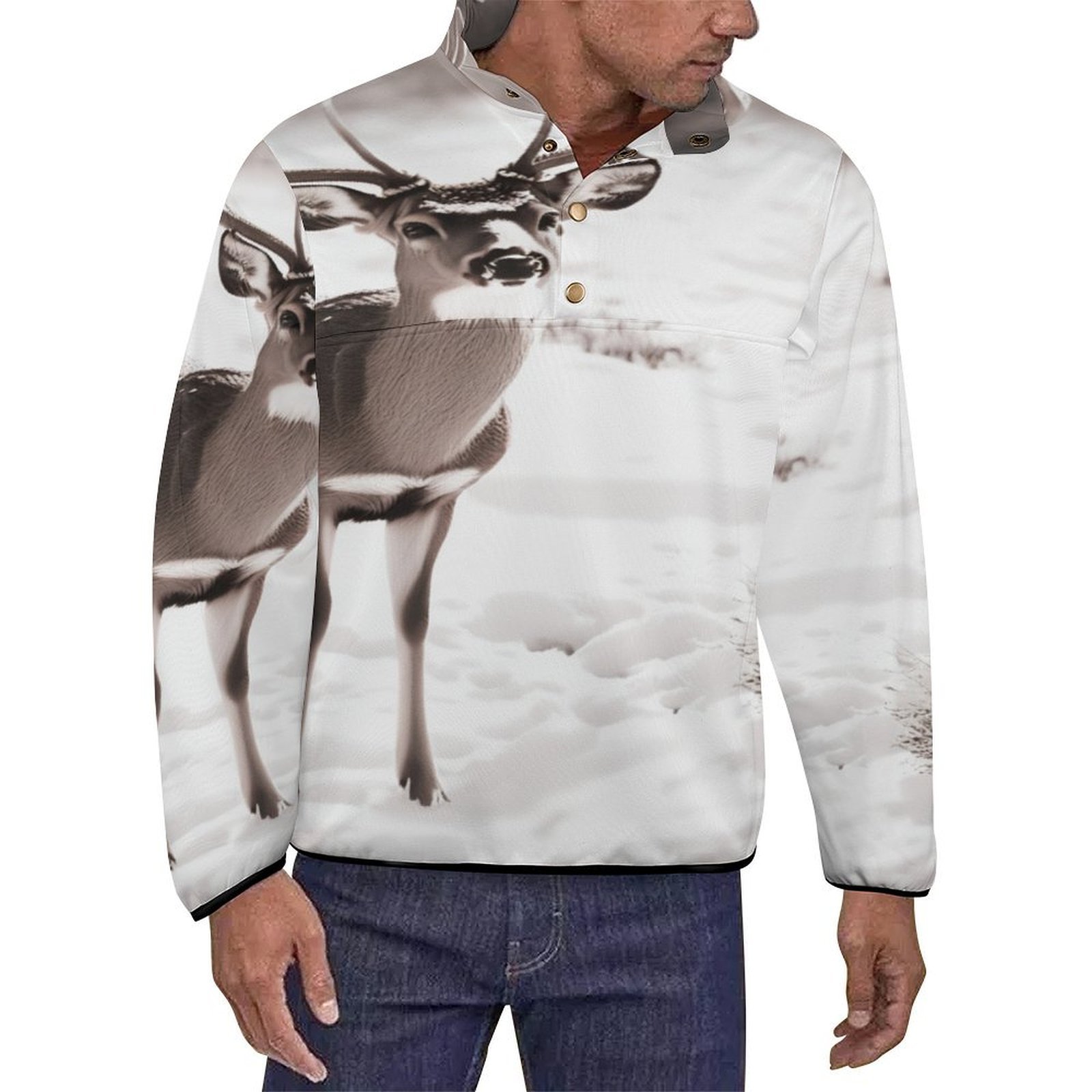 Winter Deer Scene Men's Stand Collar Sweater Long Sleeve Clothing Loose ...