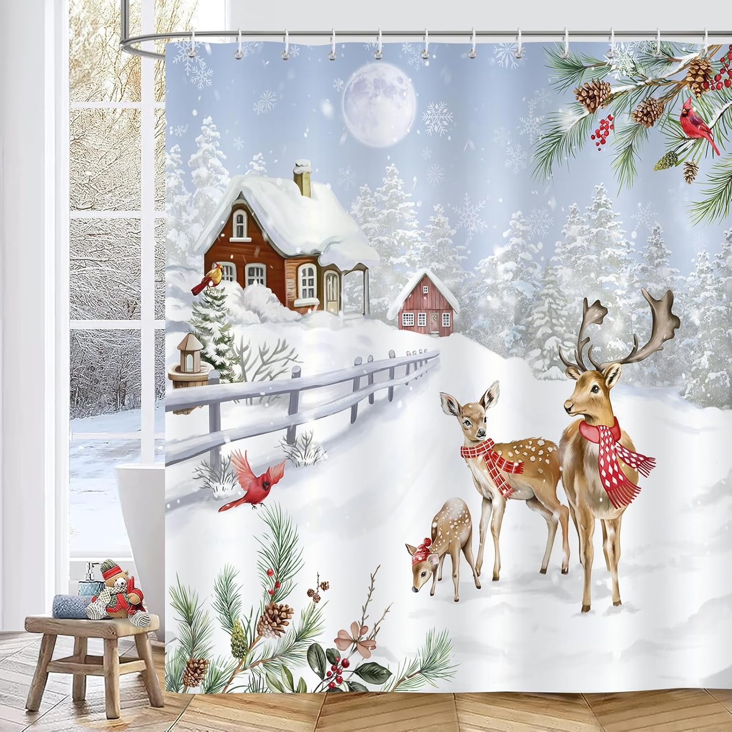 Winter Deer Shower Curtain, Xmas Cardinals on Pine Branches Snowy ...