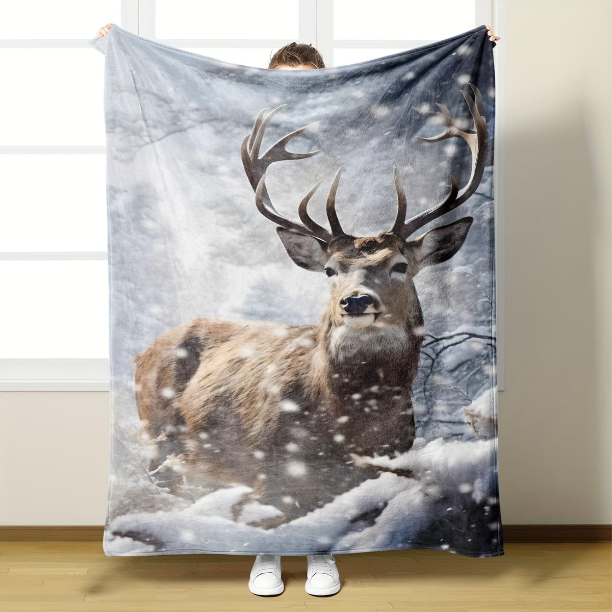 Winter Deer Velvet Blanket - Soft Brown Gray Snow Forest Elk Pattern ...