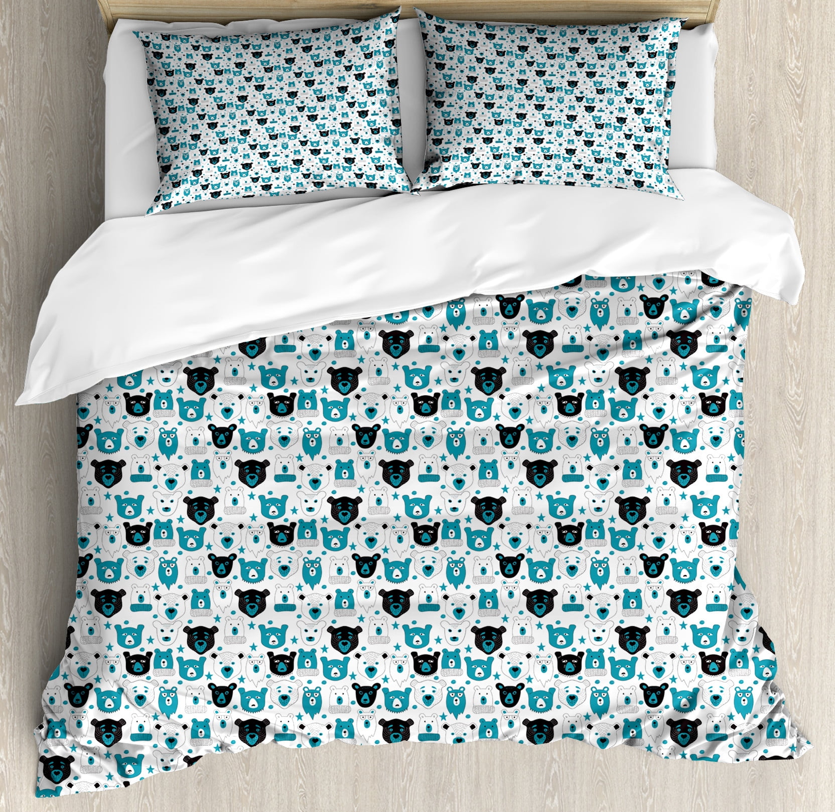 Winter Duvet Cover Set, Bear Portraits Doodle Wilderness Animals Panda ...