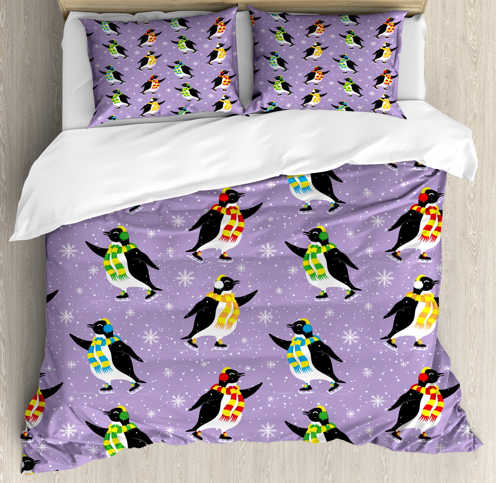 Winter Duvet Cover Set, Demonstration of Penguins in Scarfs Skating and ...