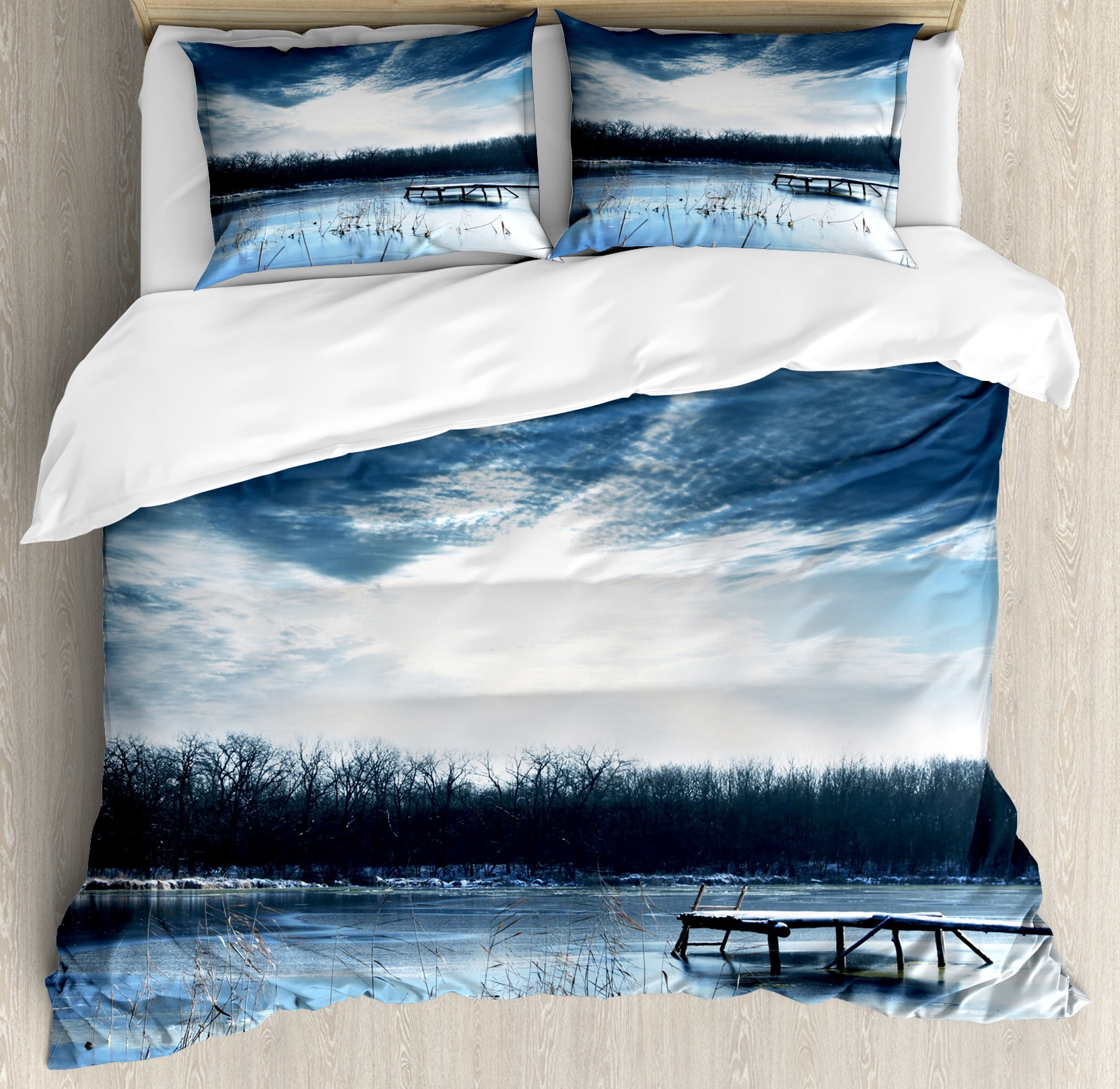 Winter Duvet Cover Set, Landscape Scenery of Mountain Lake with a ...