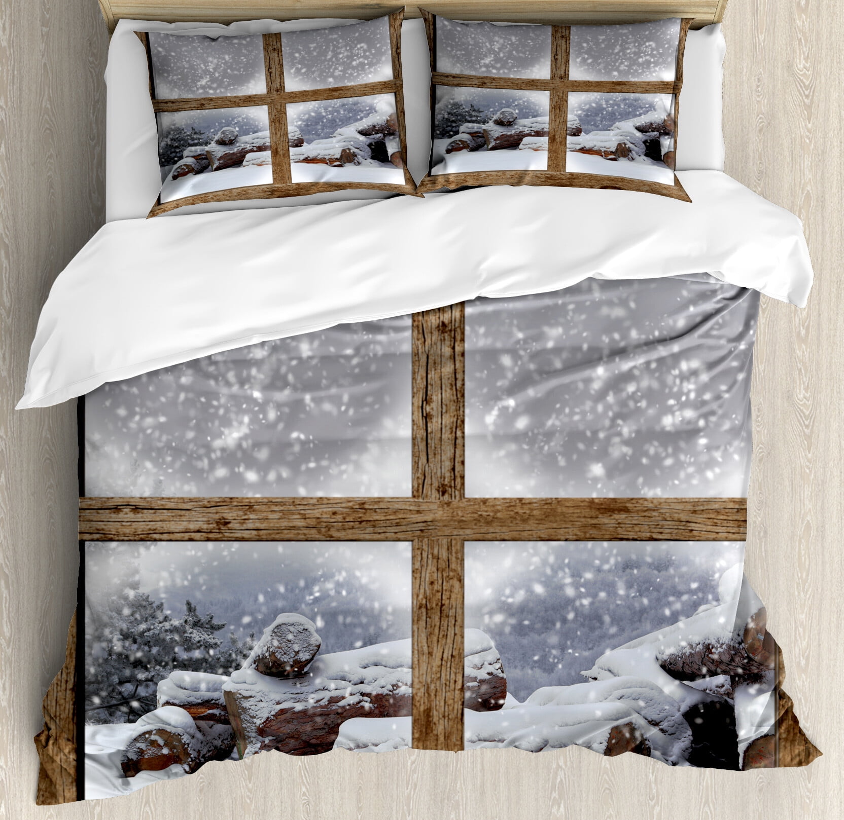 Winter Duvet Cover Set, Rustic Snowy Frame Window View Print Mountain ...