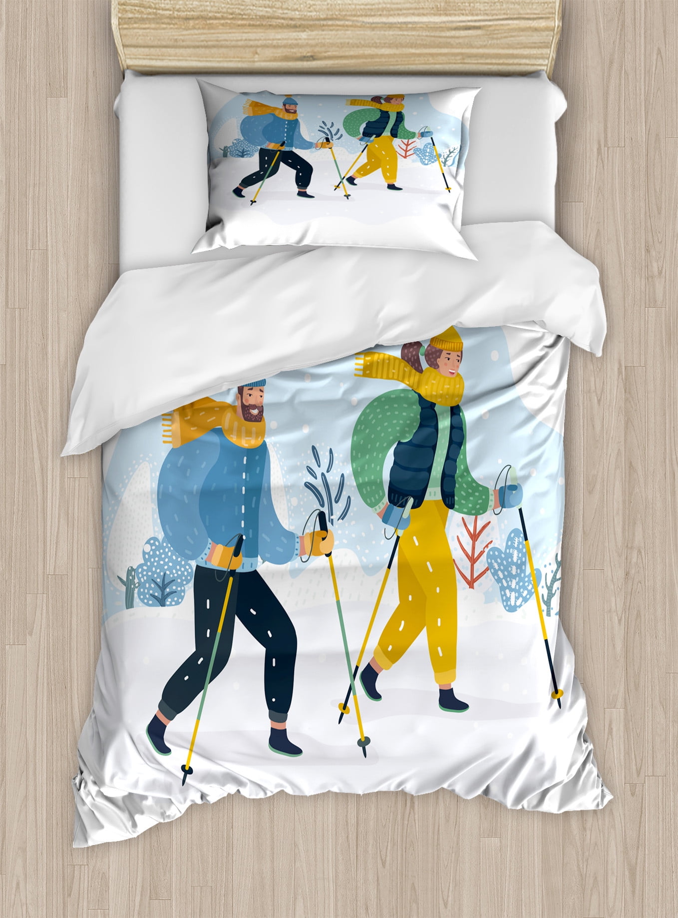 Winter Duvet Cover Set, Scandinavian Inspired Happy Couple Walking on ...