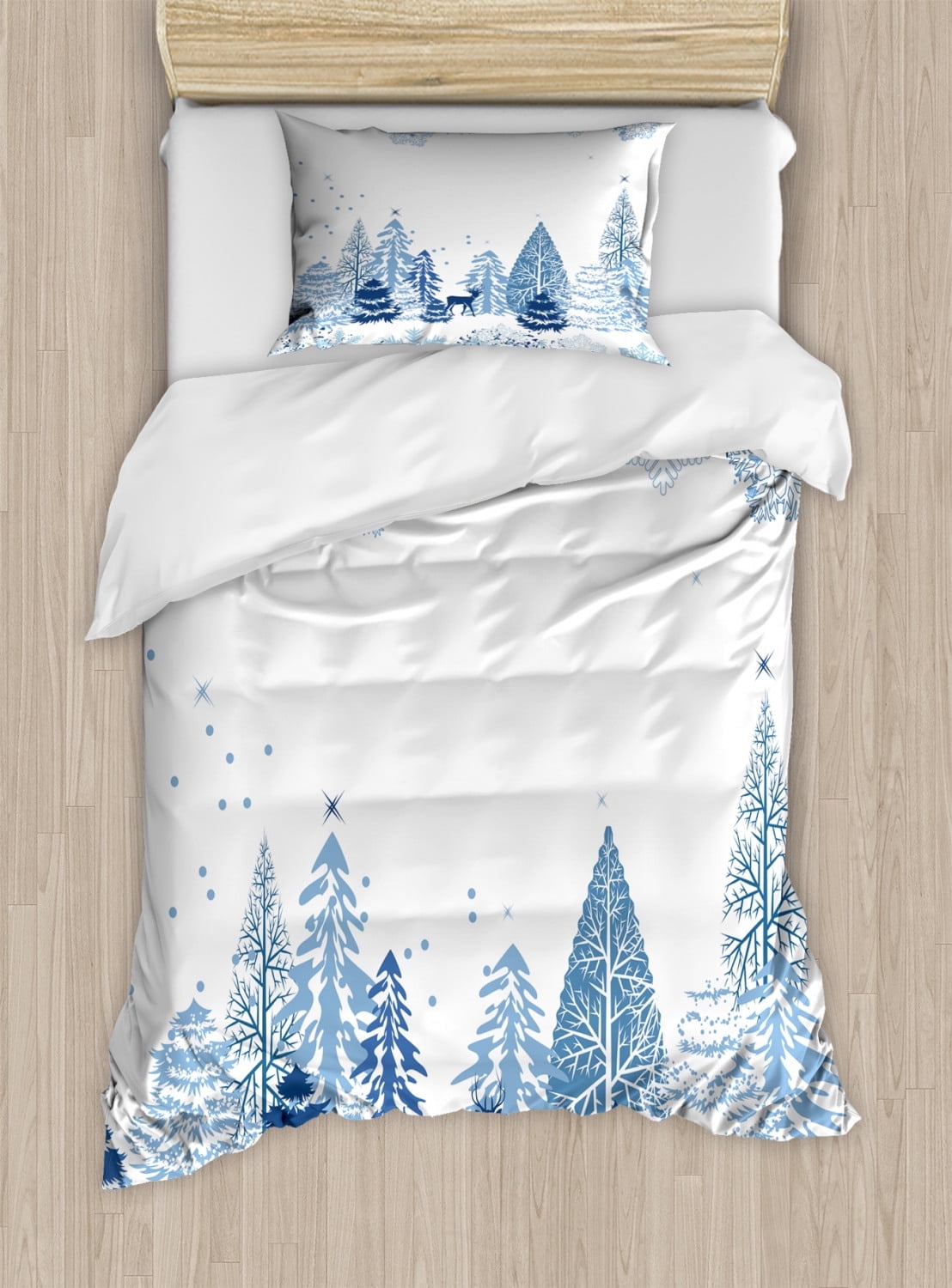 Winter Duvet Cover Set Twin Size, Winter Scene with Deer Frozen Trees ...