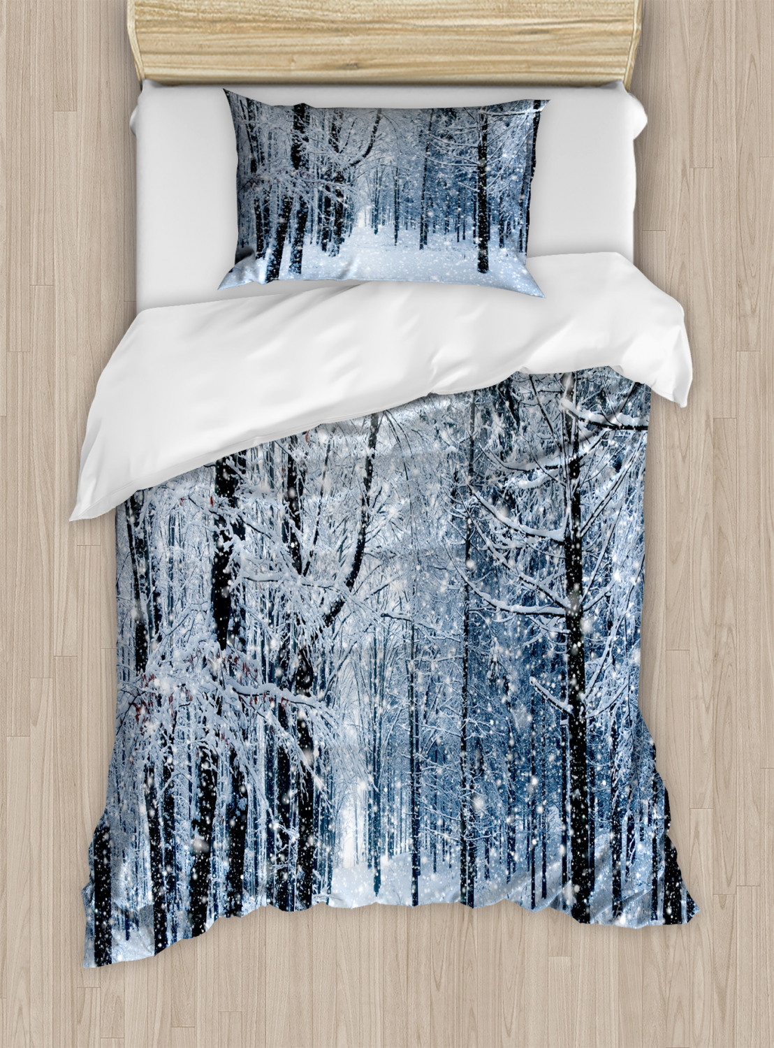 Winter Duvet Cover Set Twin Size, Snow Covered Forest Idyllic Early ...