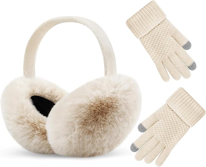 Winter Ear Muff and Gloves Set for Women Girls, Cute Foldable Ear ...