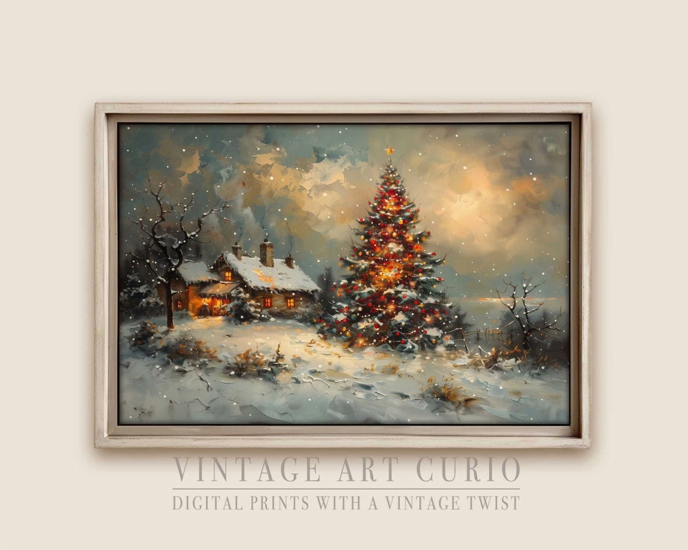 Winter Eve Cabin, Style, Snowy Winter Scenery With Tree, Rustic Art ...