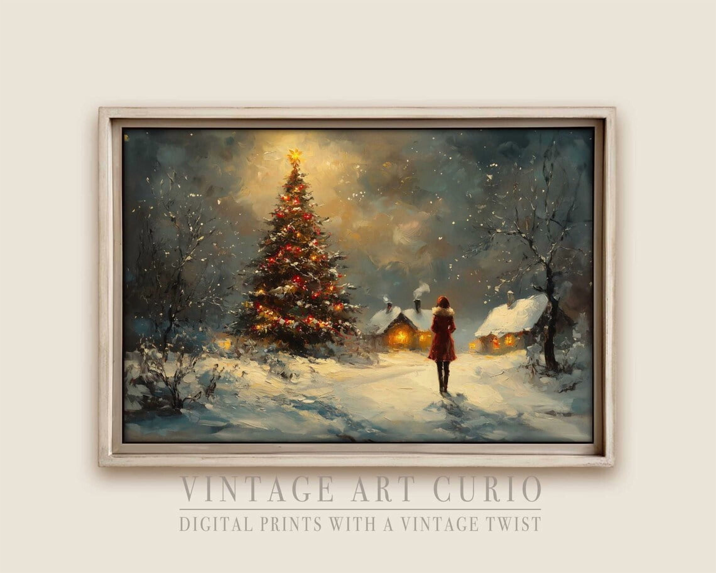 Winter Eve Cabin, Vintage Style, Snowy Winter Scenery With Tree, Rustic ...
