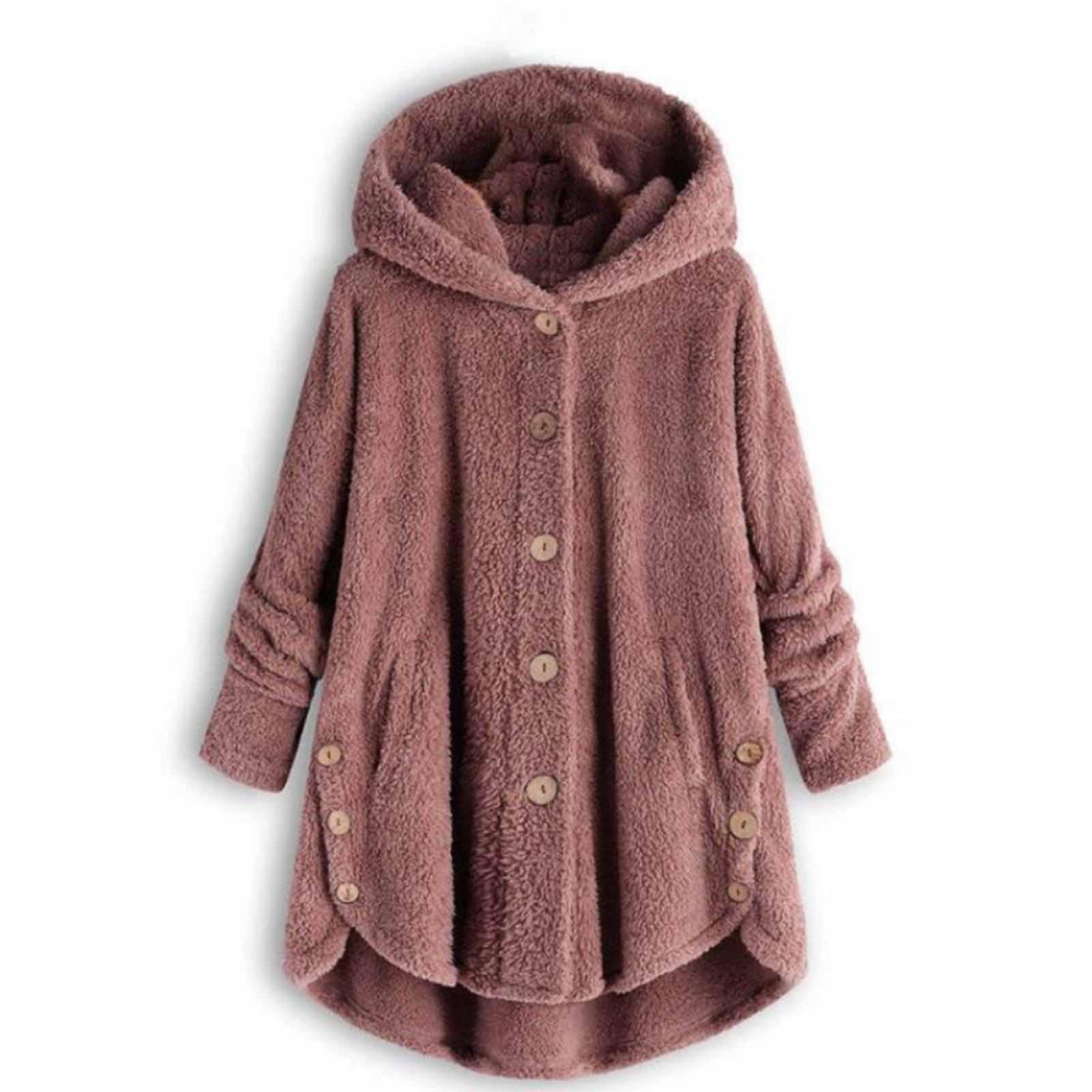 Winter Fall Hooded Jackets for Women Plus Size Button Plush Tops Loose ...