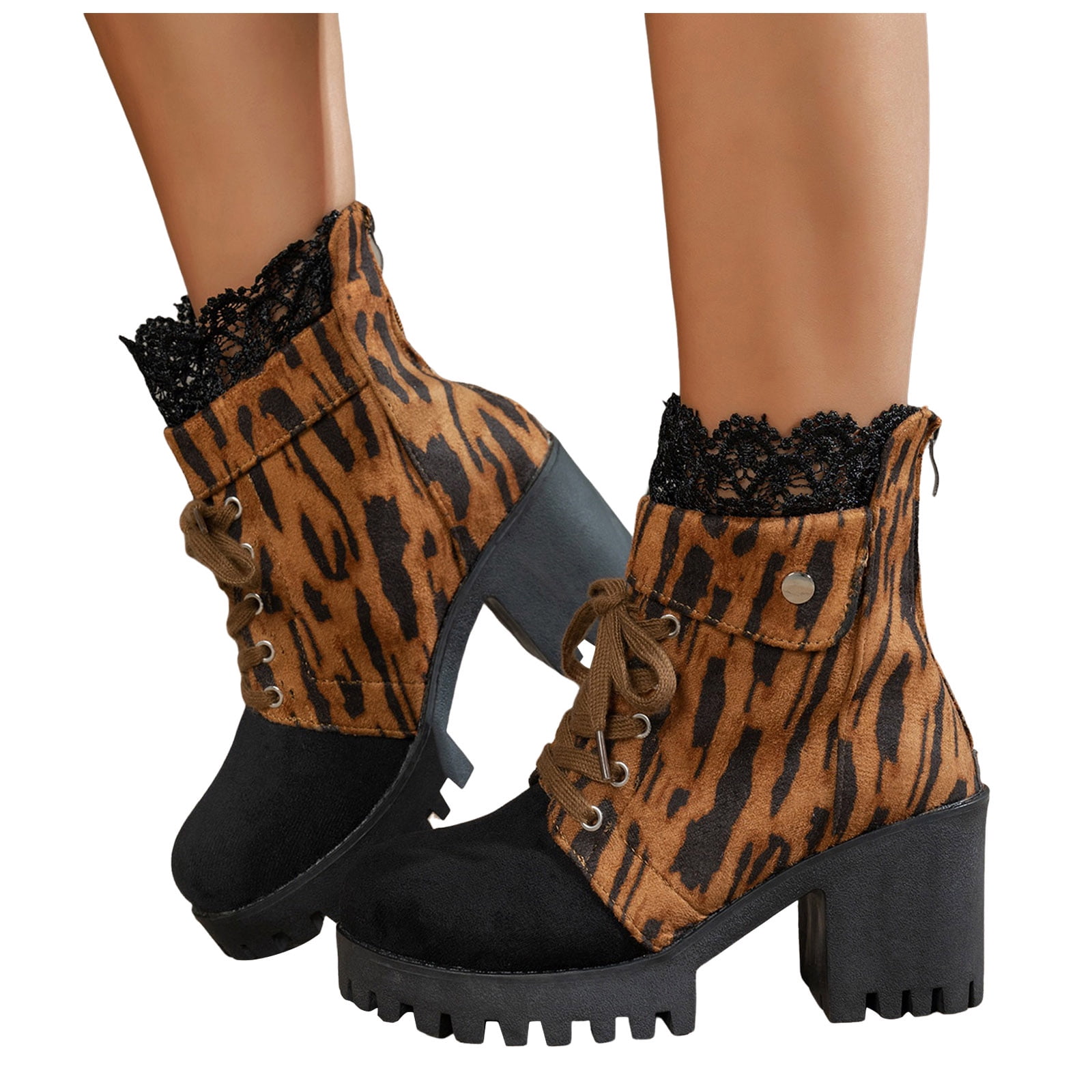 Winter Fall Leopard Combat Boots for Women Vintage Trendy Lace Platform ...