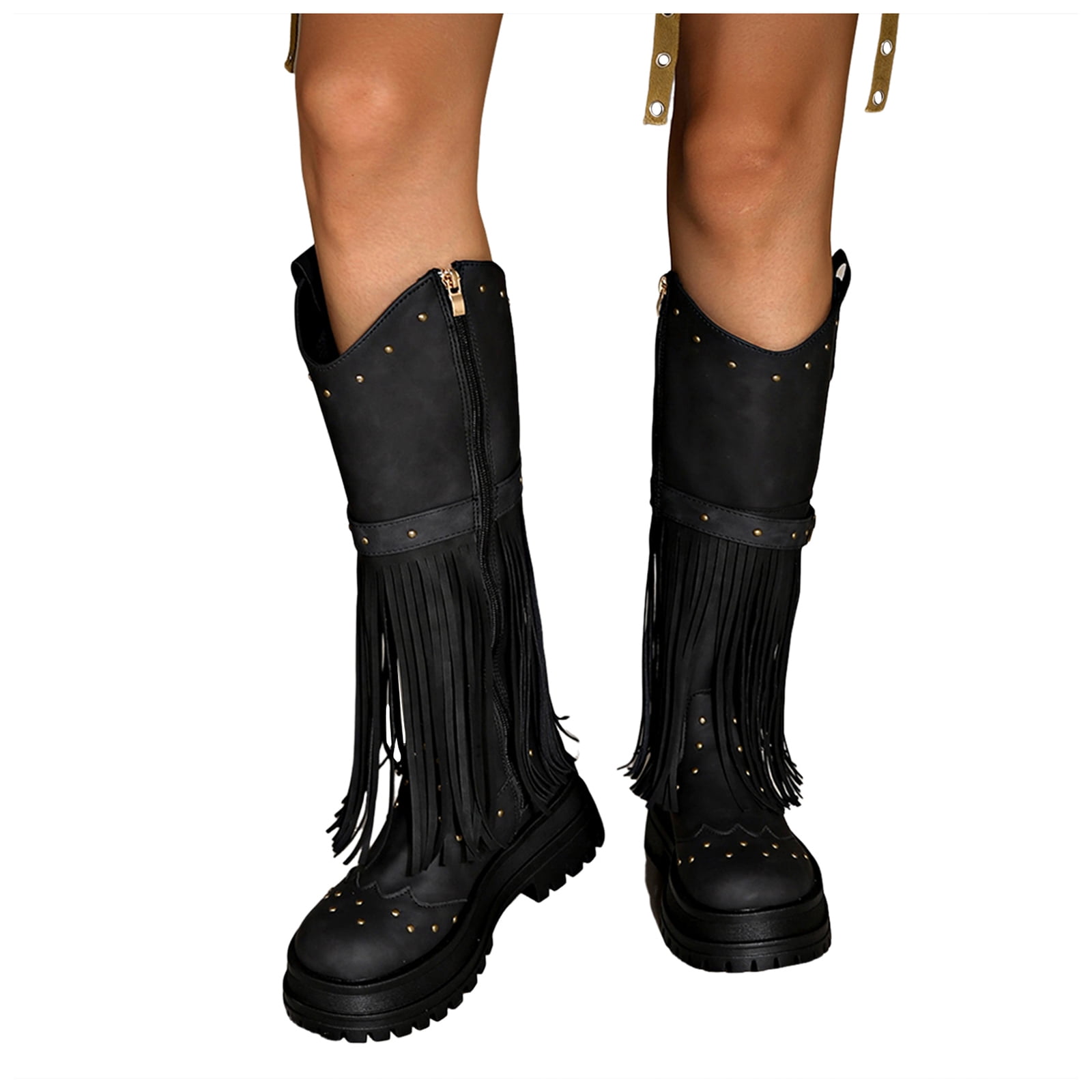 Winter Fall Studded Fringe Platform Wide Mid Calf Boots for Women Boho ...