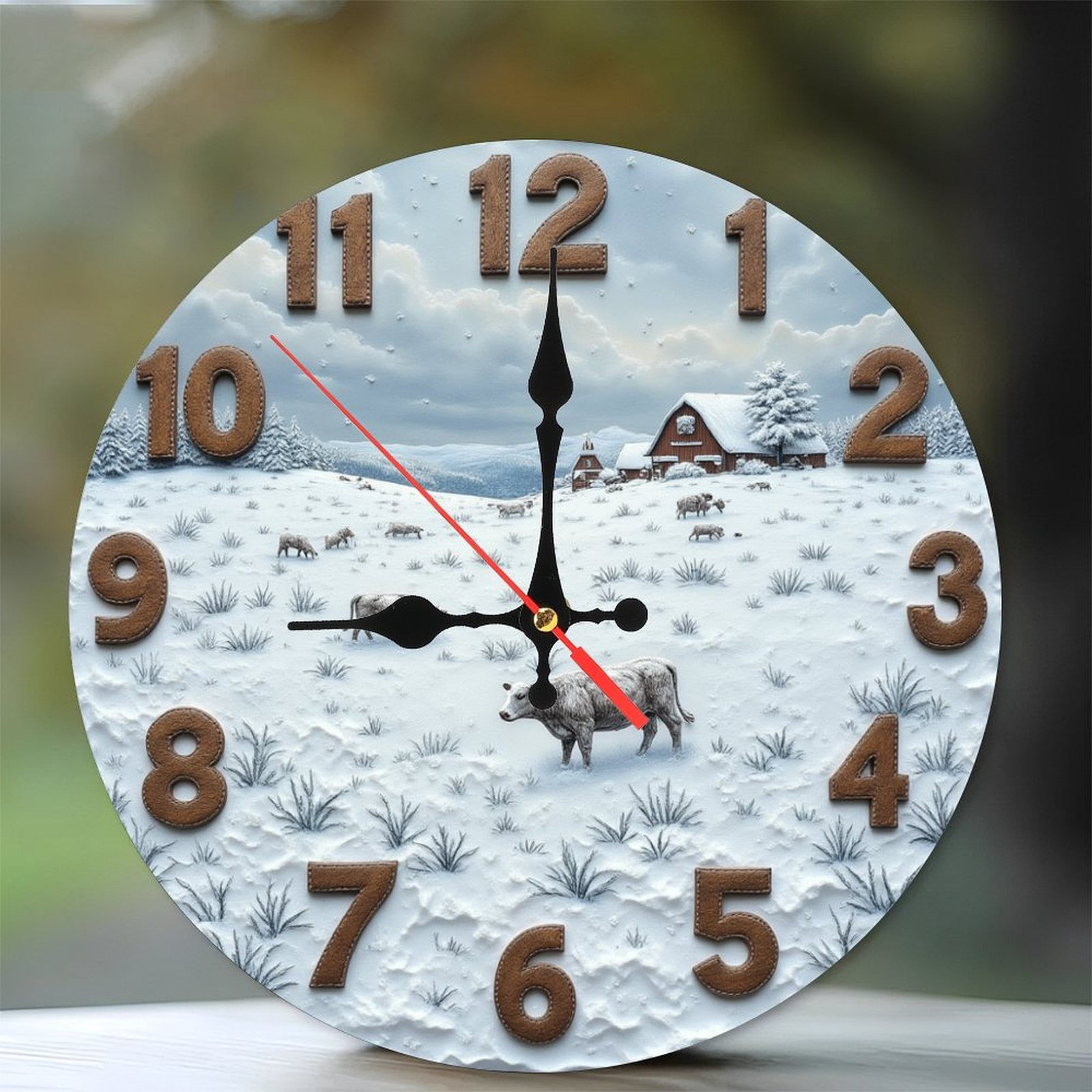Winter Farmhouse Cow Scene Wall Clock 10-Inch Silent Wooden Wall Clock ...