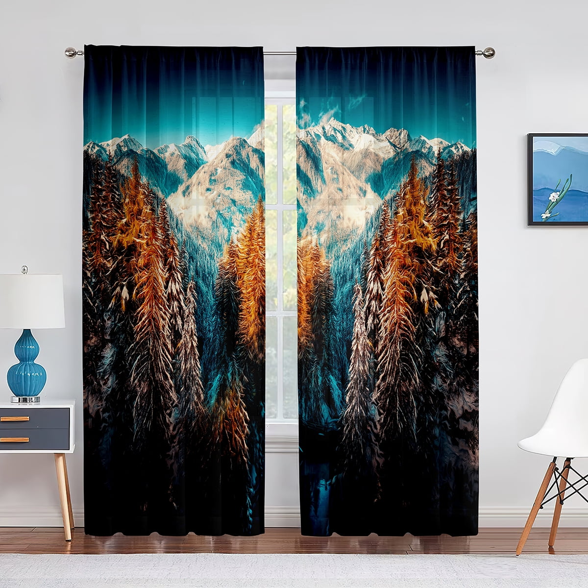 Winter Farmhouse In Snow Mountains and Snow Forest Sheer Curtain for ...