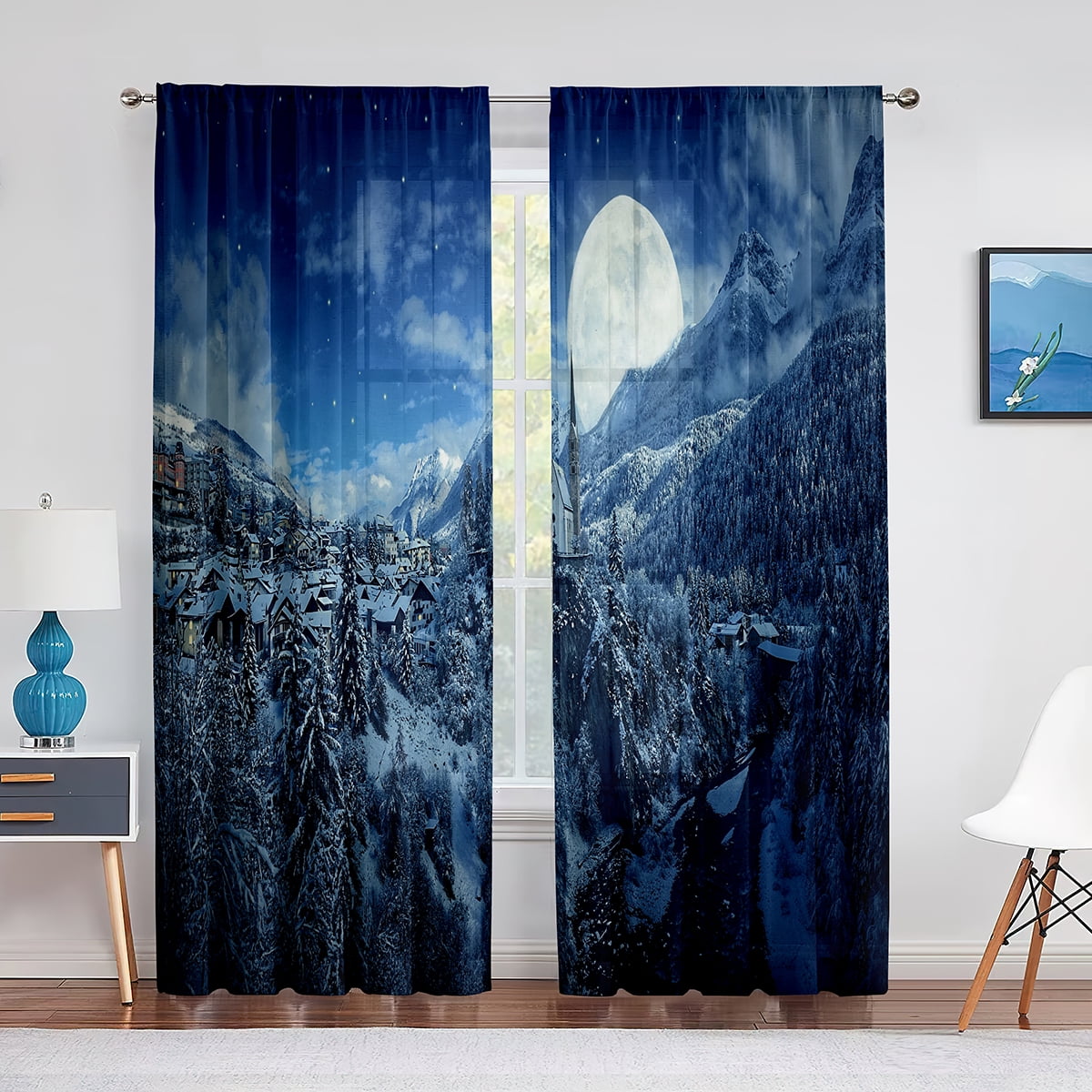 Winter Farmhouse In Snow Mountains and Snow Forest Sheer Curtain for ...