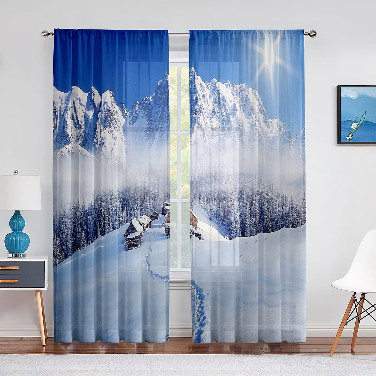 Winter Farmhouse In Snow Mountains and Snow Forest Sheer Curtain for ...