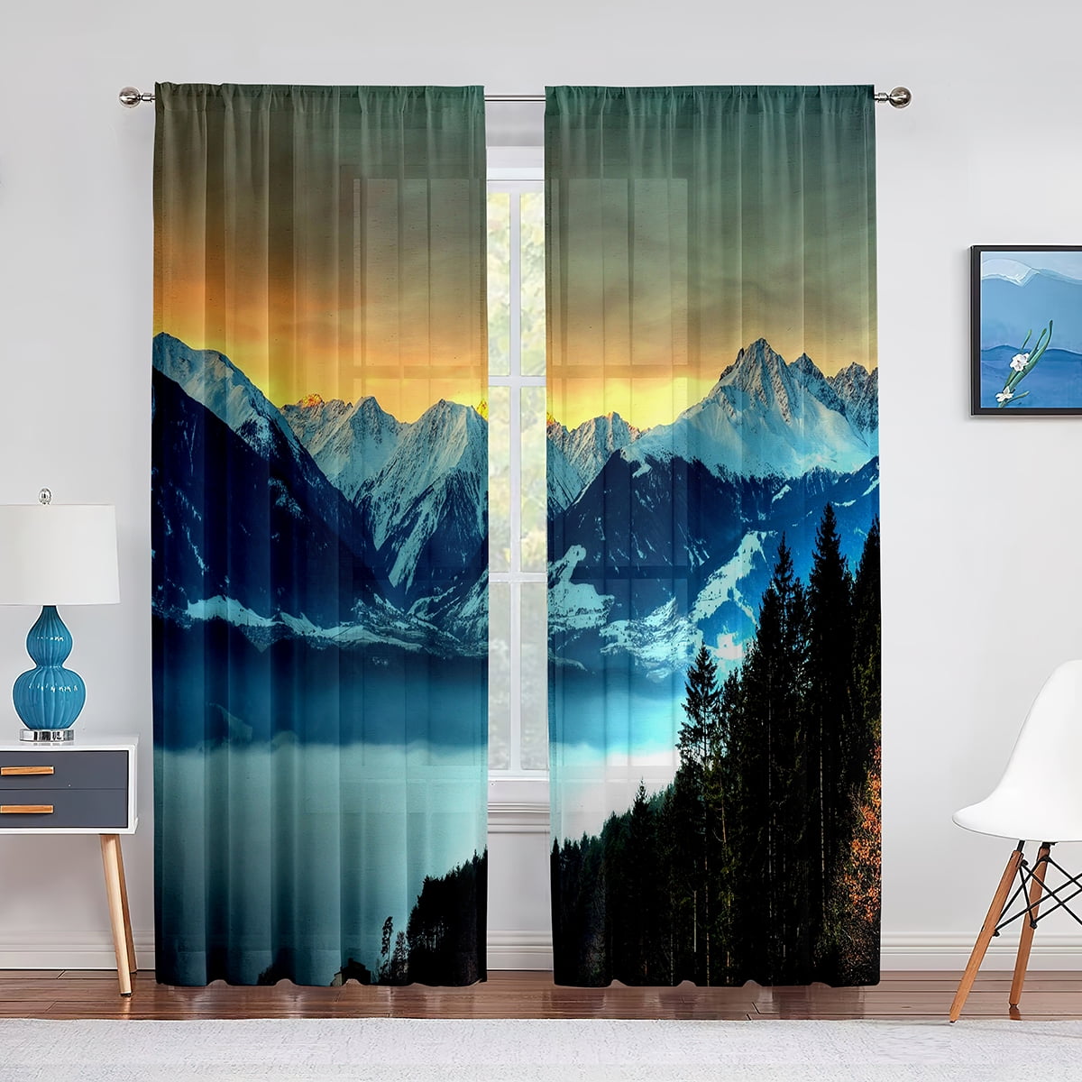 Winter Farmhouse In Snow Mountains and Snow Forest Sheer Curtain for ...