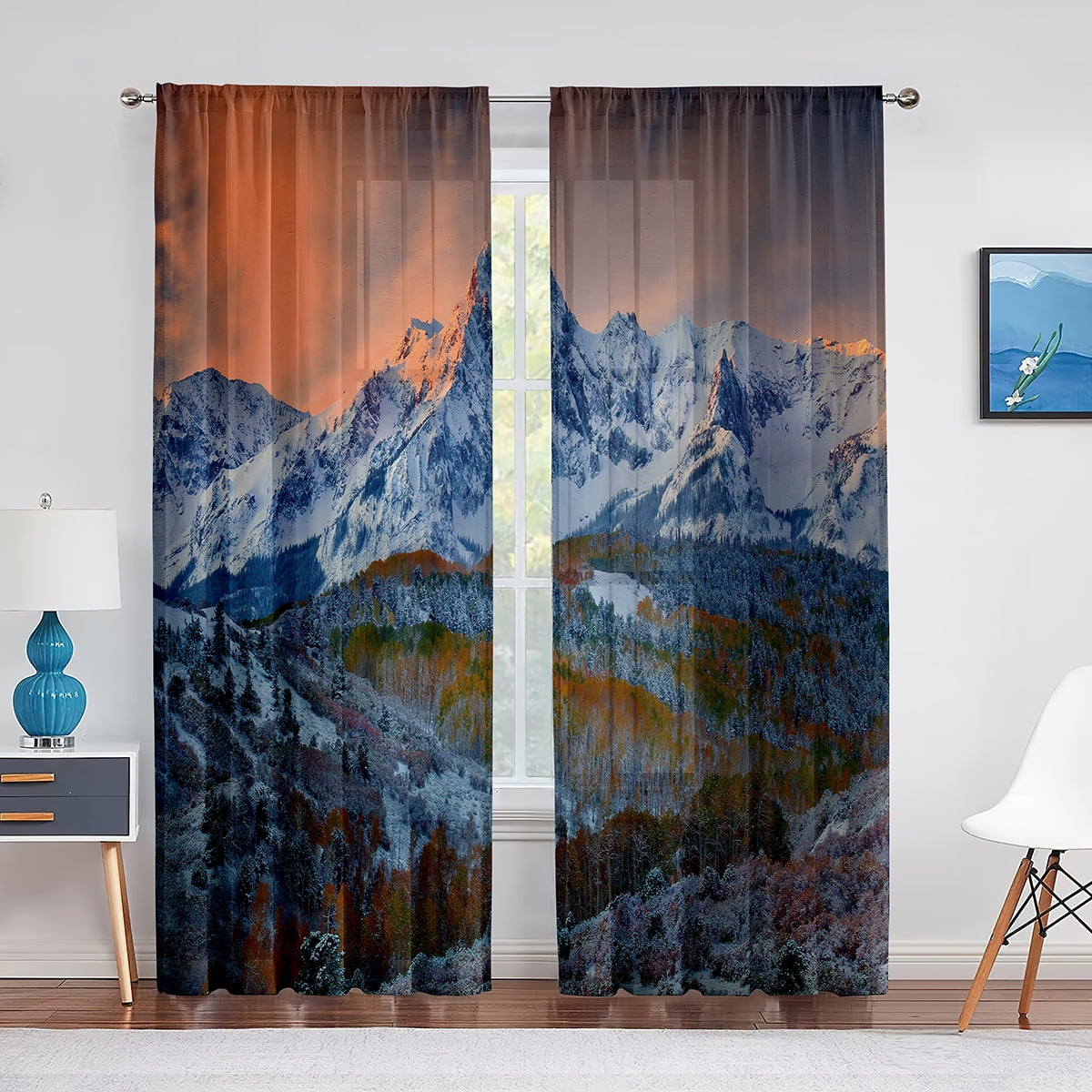 Winter Farmhouse In Snow Mountains and Snow Forest Sheer Curtain for ...