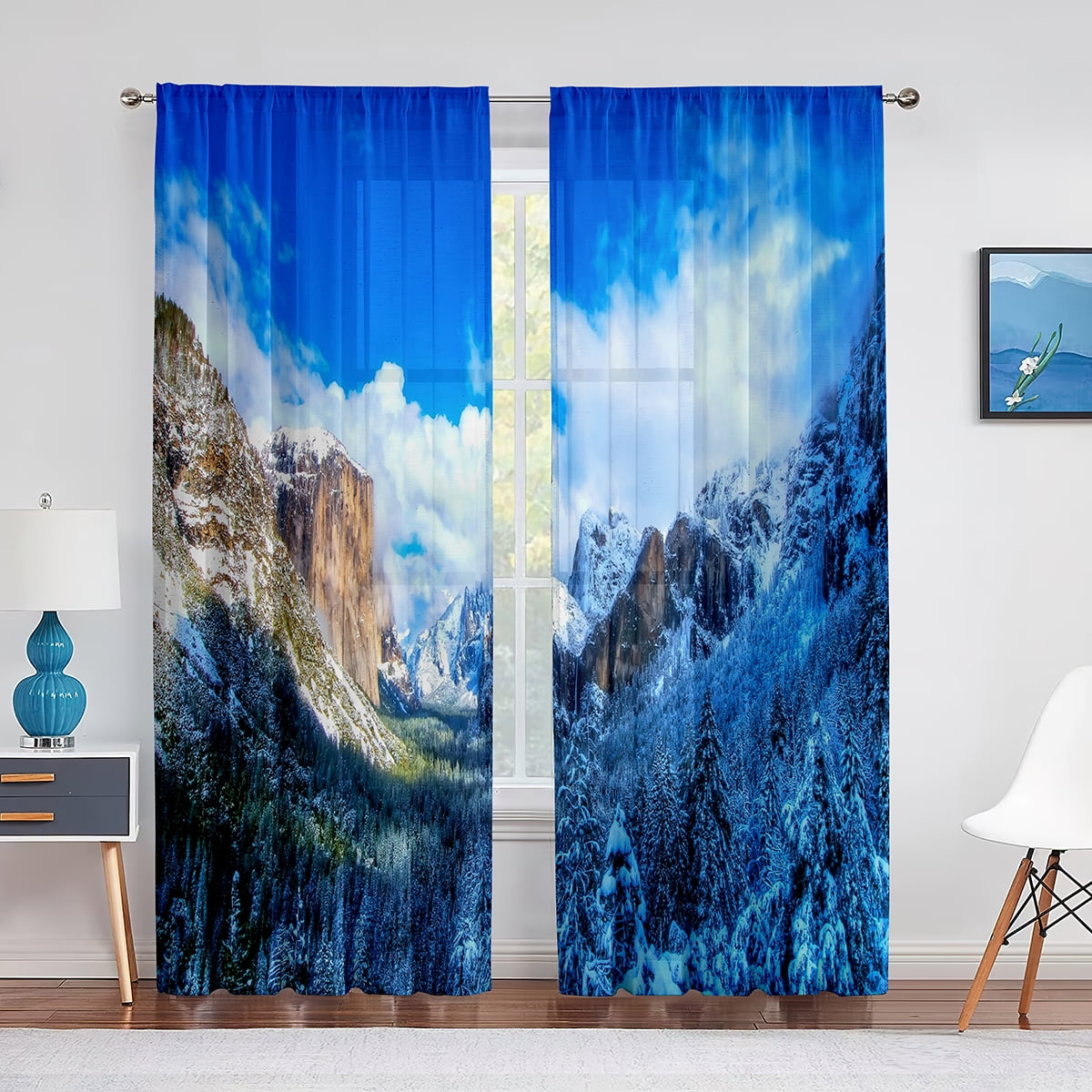 Winter Farmhouse In Snow Mountains and Snow Forest Sheer Curtain for ...