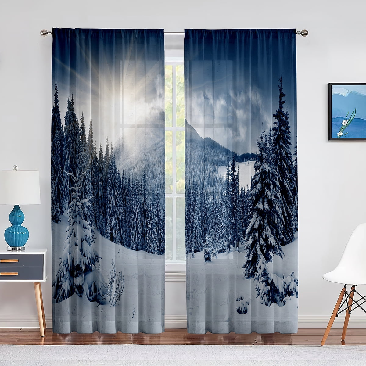 Winter Farmhouse In Snow Mountains and Snow Forest Sheer Curtain for ...