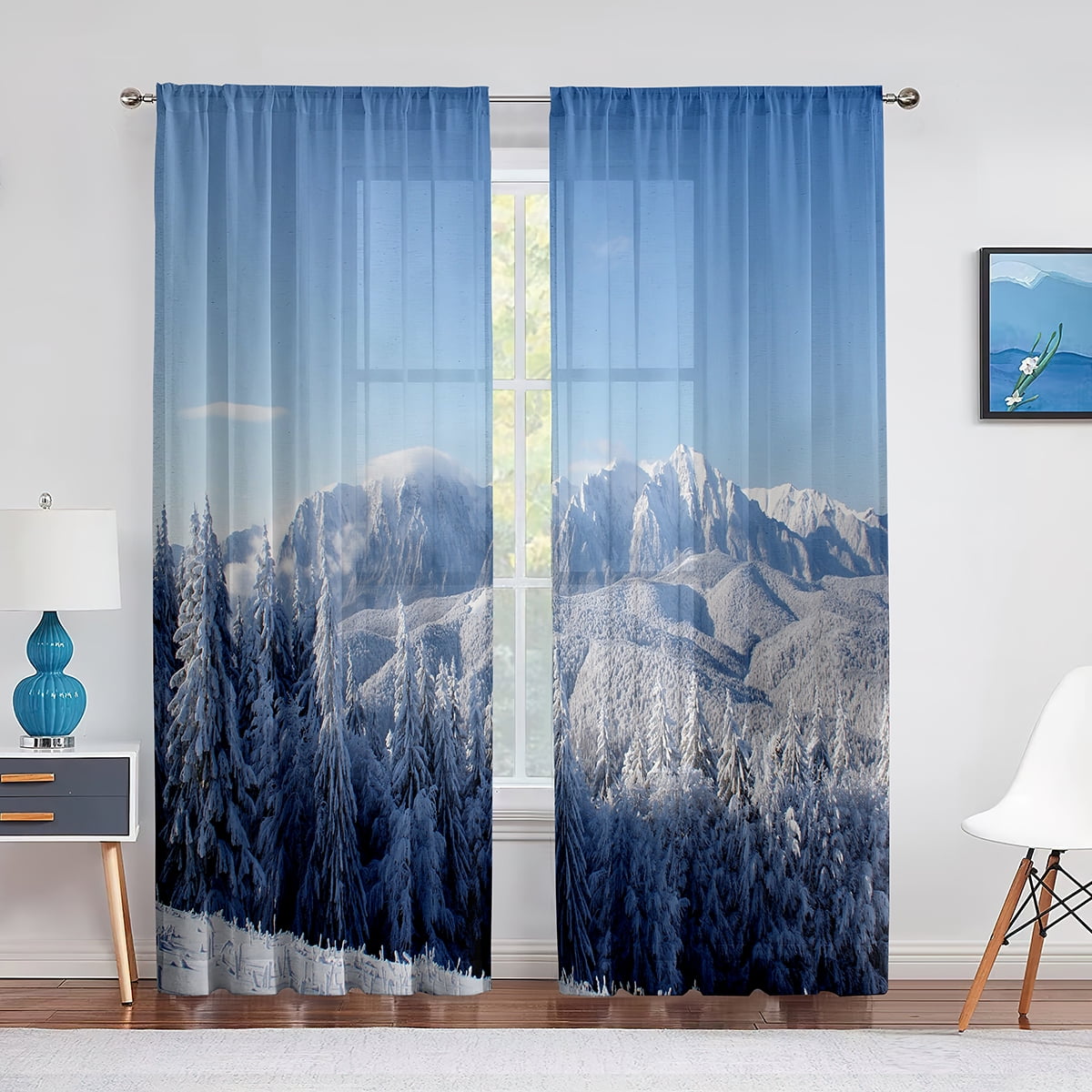 Winter Farmhouse In Snow Mountains and Snow Forest Sheer Curtain for ...