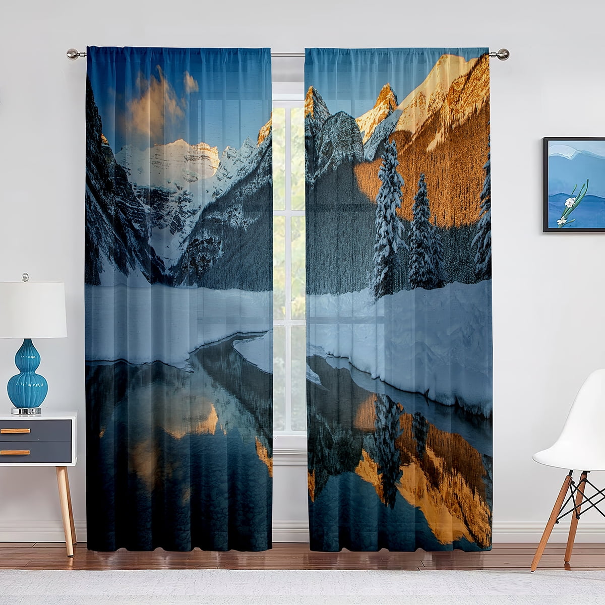 Winter Farmhouse In Snow Mountains and Snow Forest Sheer Curtain for ...