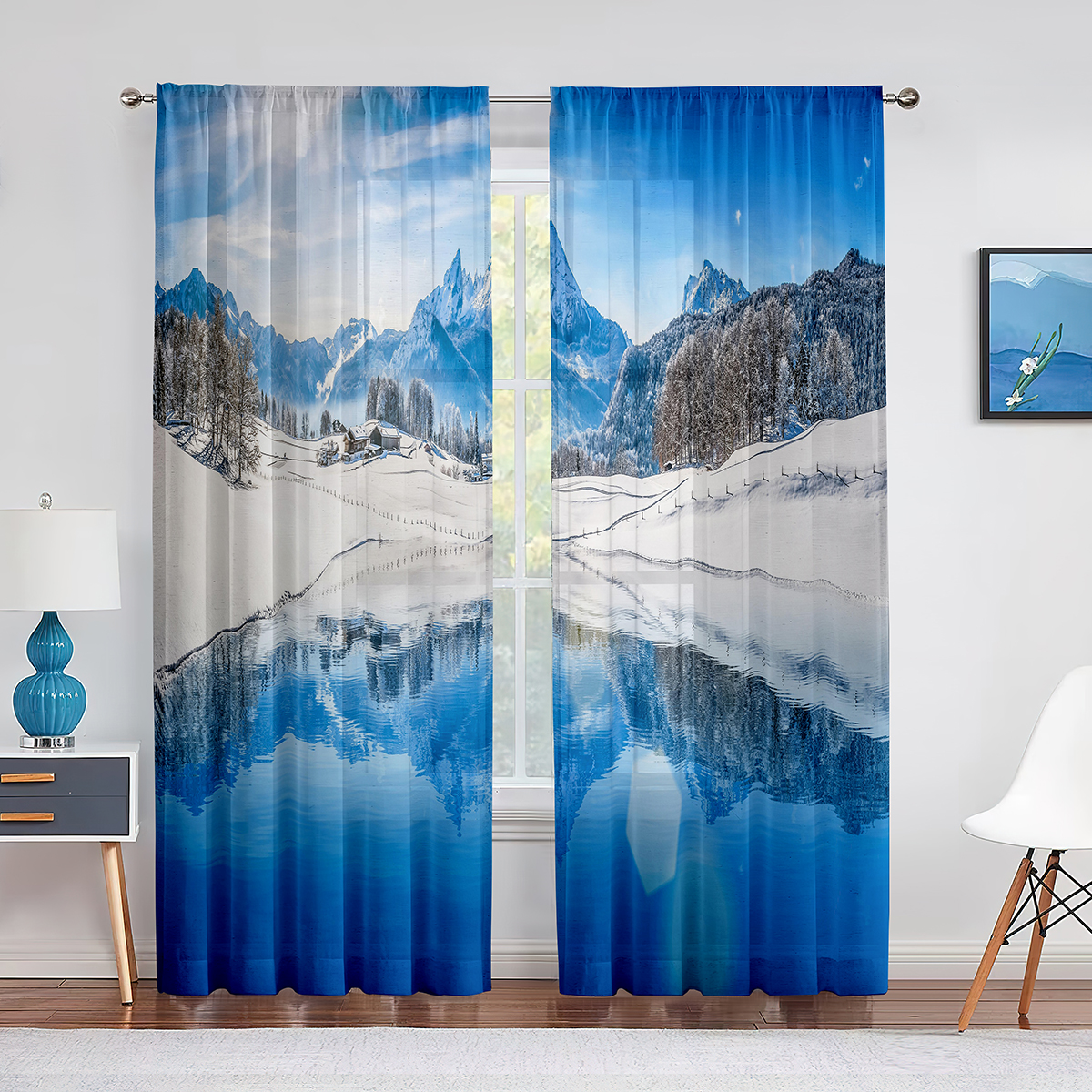 Winter Farmhouse In Snow Mountains and Snow Forest Sheer Curtain for ...