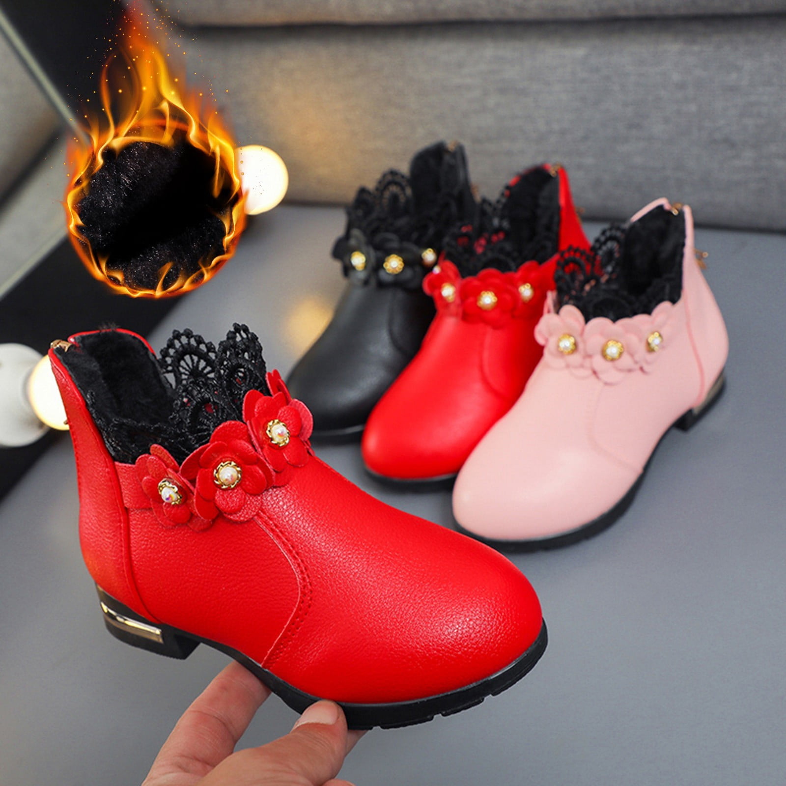 Winter Faux Leather Long Sleeve Girls Boots for Red Little/big Kids Shoes Fashion Plush Low Tube ...