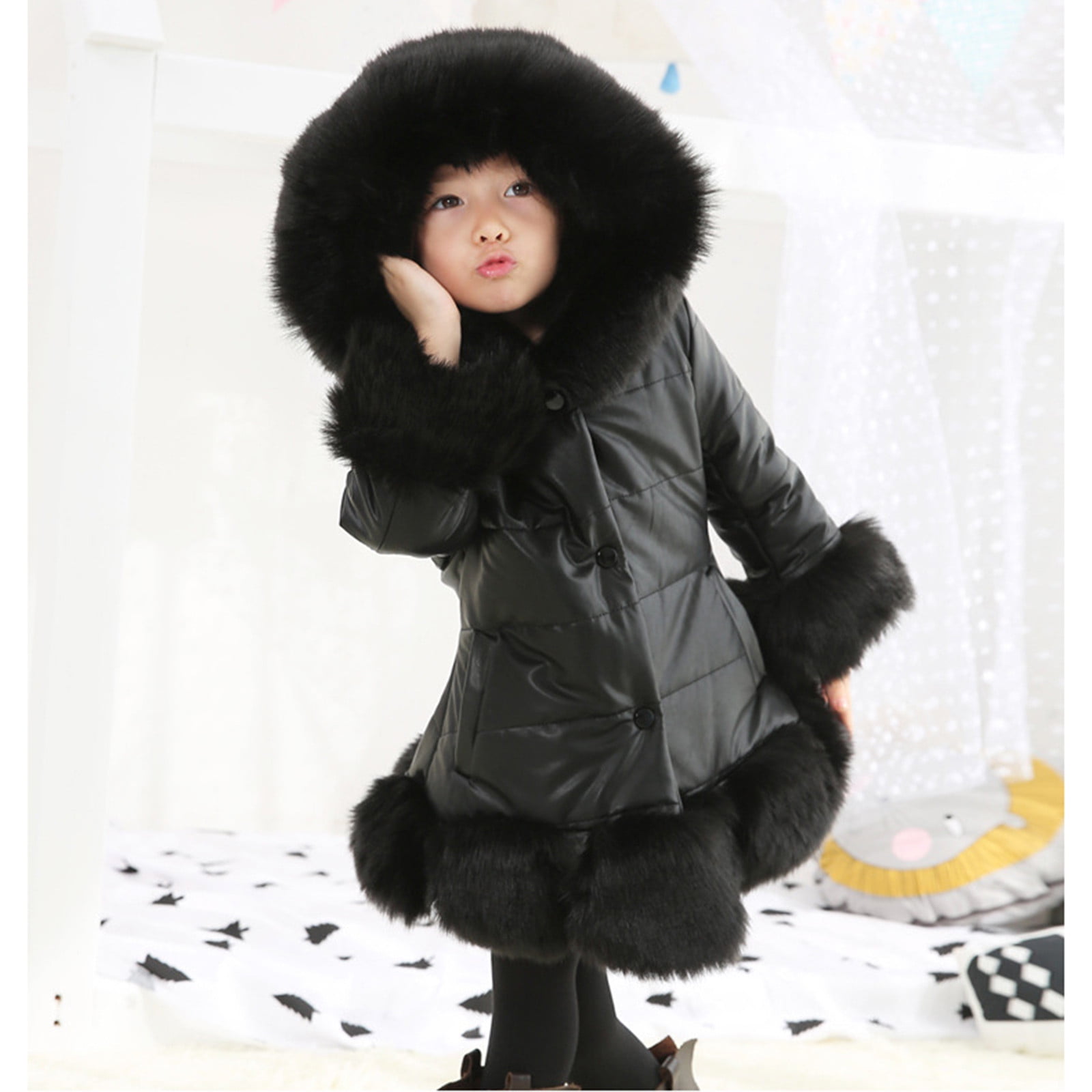 Winter Faux Leather Long Sleeve Thermal Puffer Jacket for Girls Black Kids Little Girl's Thicken ...