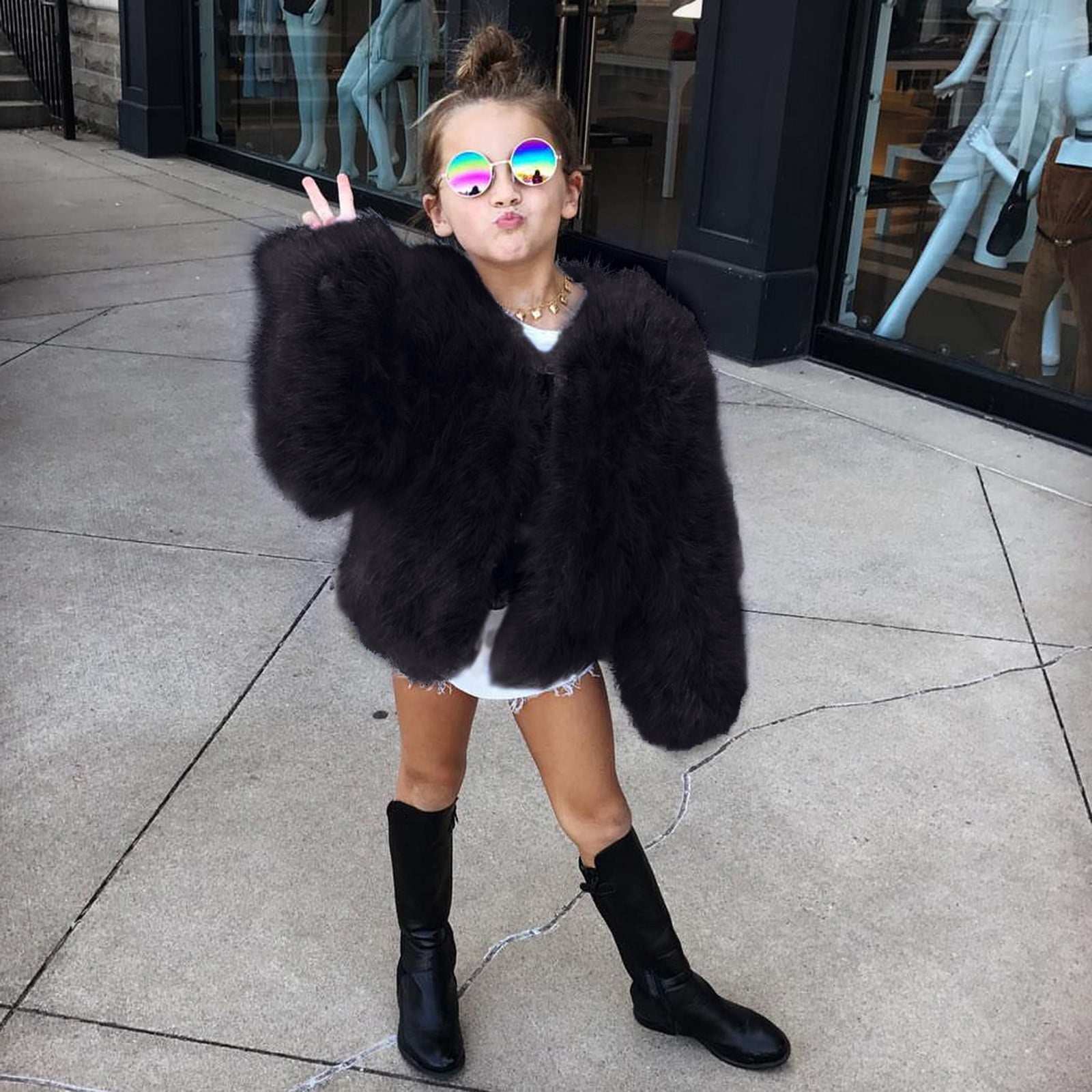 Winter Faux Leather Long Sleeve Thermal Puffer Jacket for Girls Black Kids Windproof Thicken ...