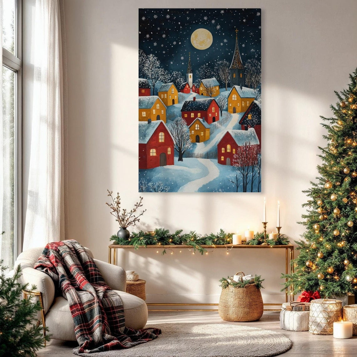 Winter Festive Winter Landscape Wall Art Yellow and Red Cottages Print ...