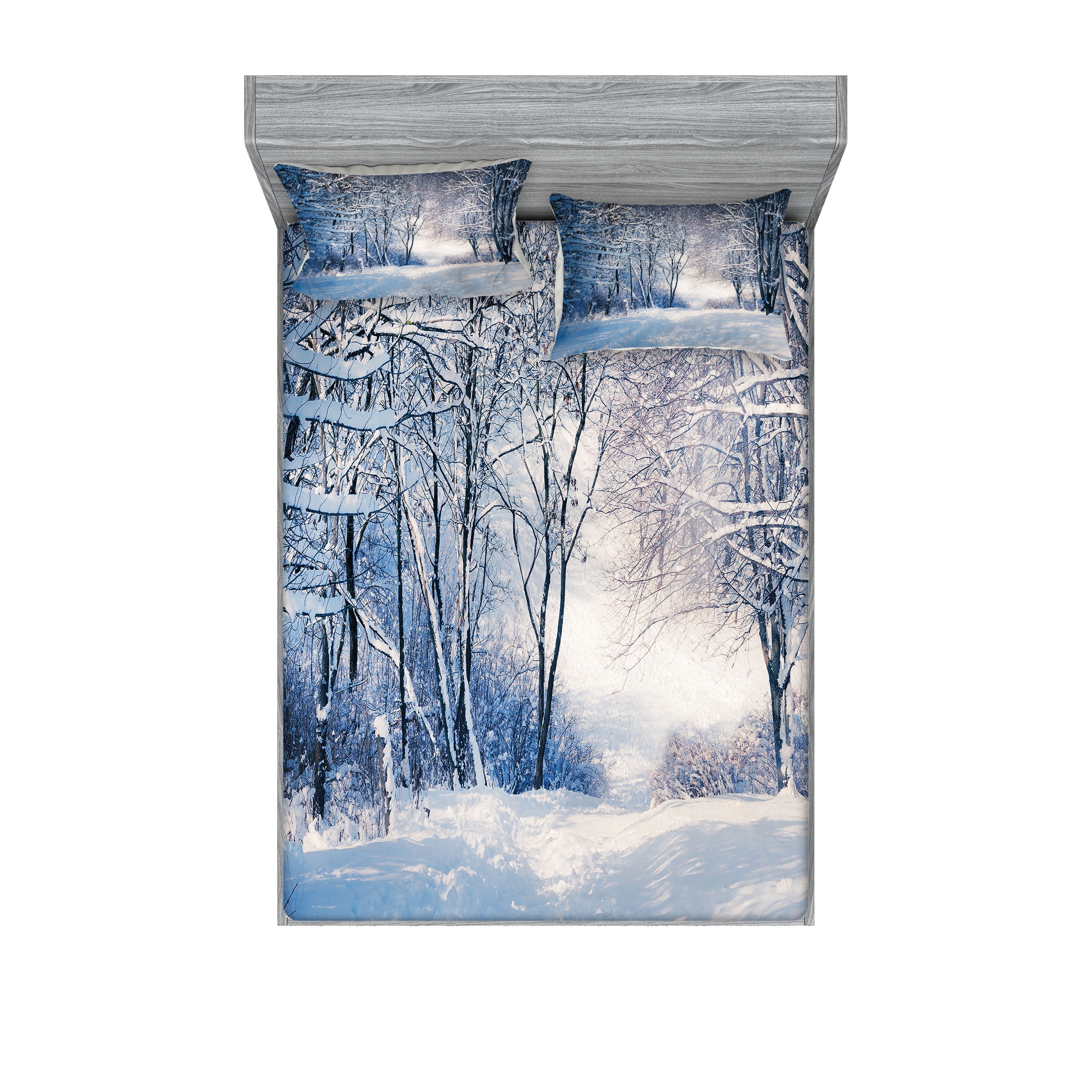 Winter Fitted Sheet & Pillow Sham Set, Alley in Snowy Forest Cold ...