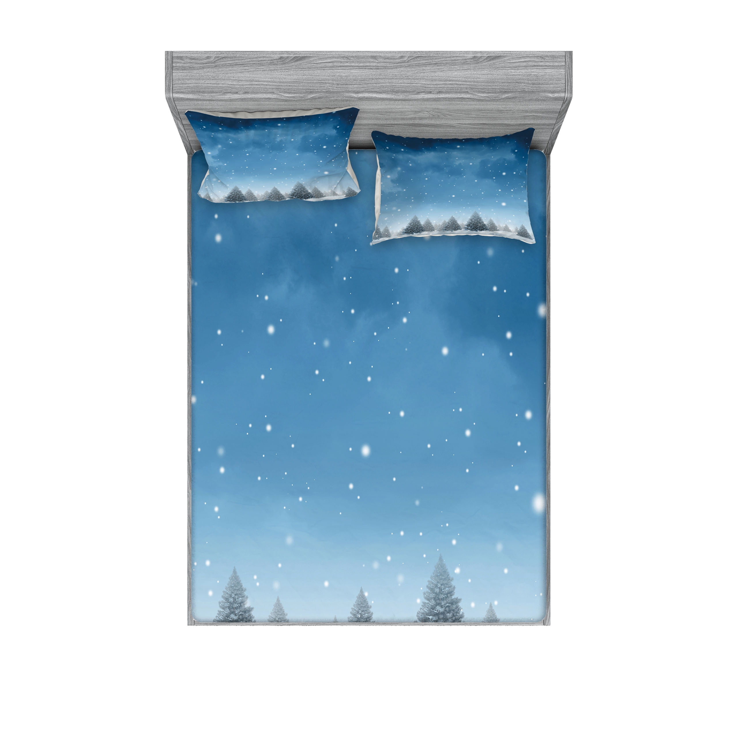 Winter Fitted Sheet & Pillow Sham Set, Christmas Inspired Cold Blue ...