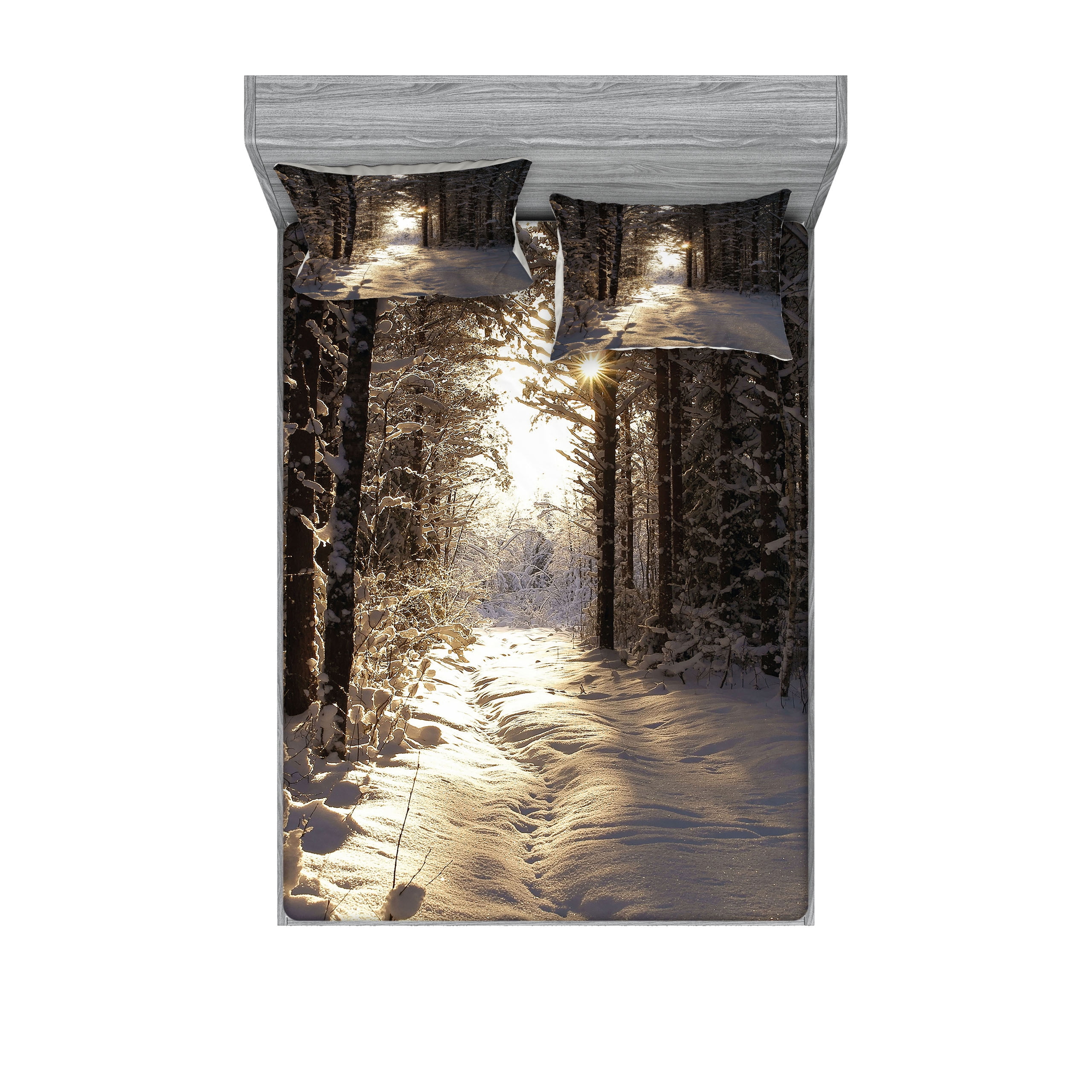 Winter Fitted Sheet & Pillow Sham Set, Christmas Season with Snow ...