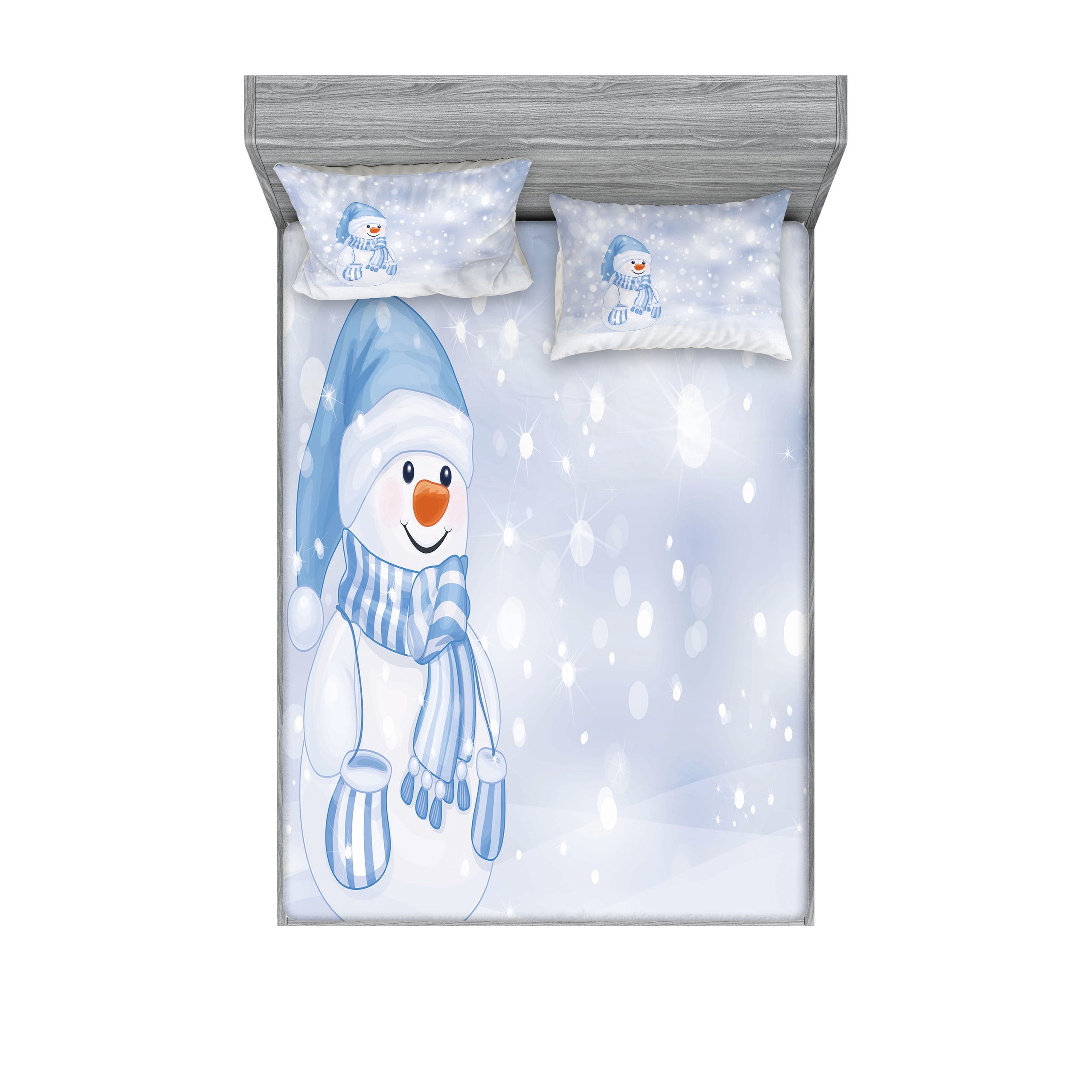 Winter Fitted Sheet & Pillow Sham Set, Design Happy Snowman Cartoon ...