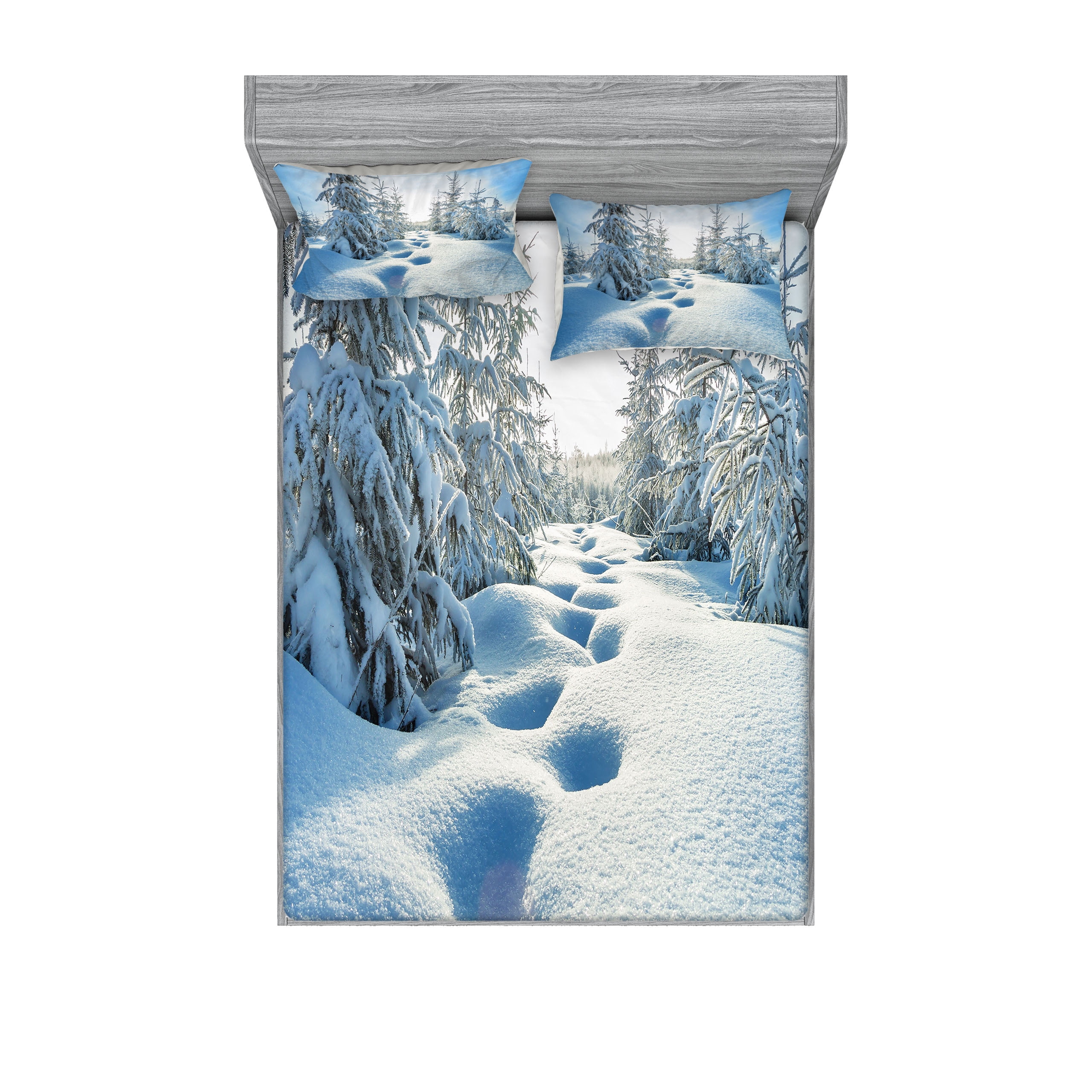 Winter Fitted Sheet & Pillow Sham Set, Winter Landscape with Forest and ...