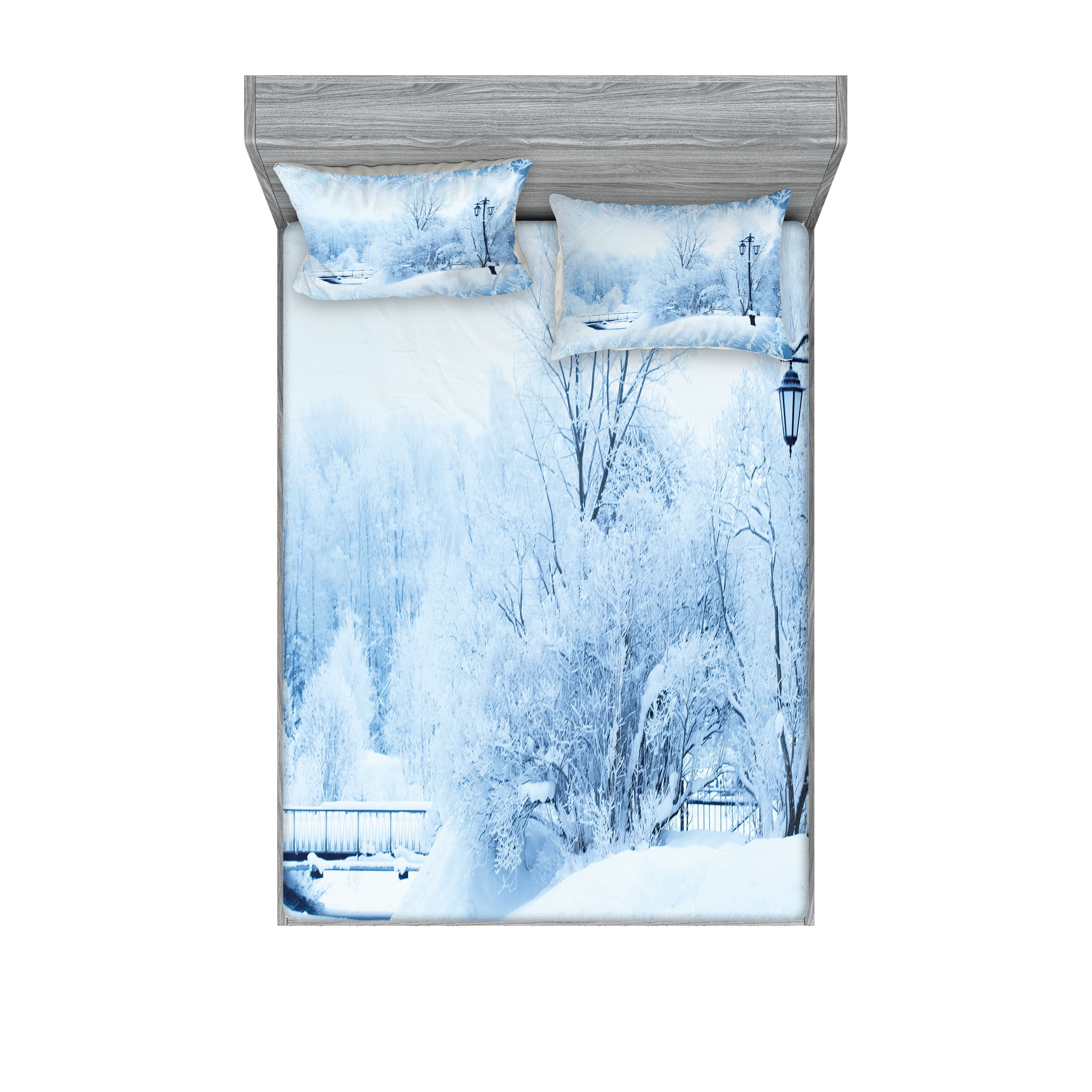 Winter Fitted Sheet & Pillow Sham Set, Winter Trees in Wonderland Theme ...