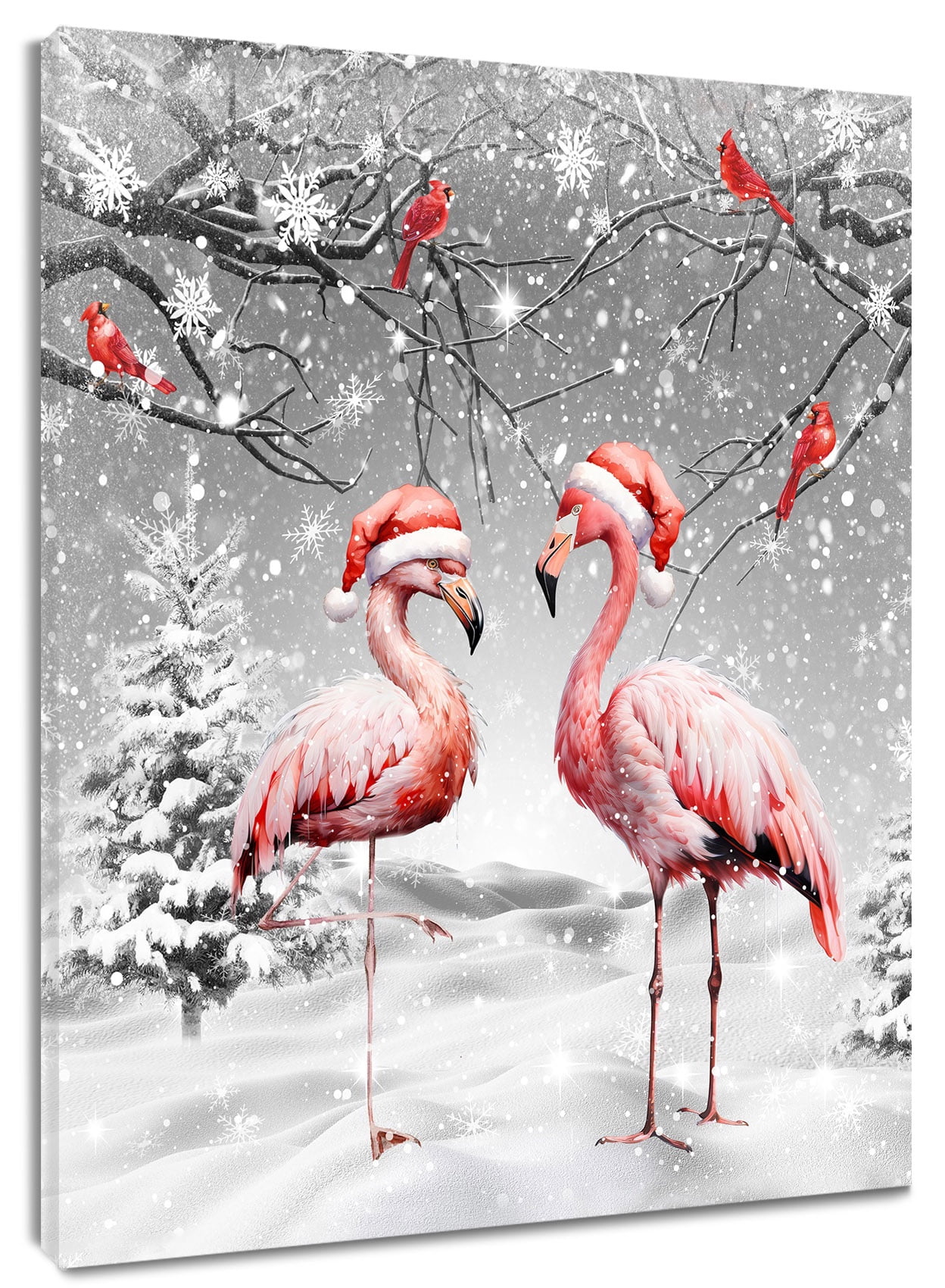 Winter Flamingo Wall Art, Pink Flamingo with Santa Hat Cardinal in Snow ...