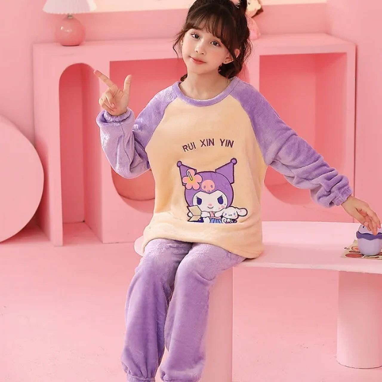 Winter Flannel Children Pajamas Set Miniso Kawaii Anime Kuromi Melody ...