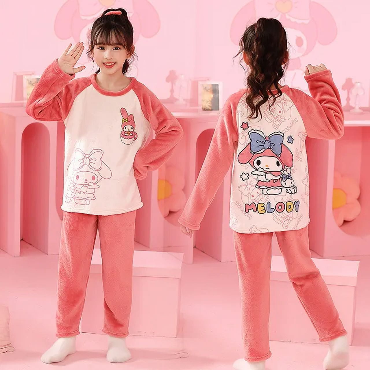 Winter Flannel Children Pajamas Set Miniso Kawaii Anime Kuromi Melody ...