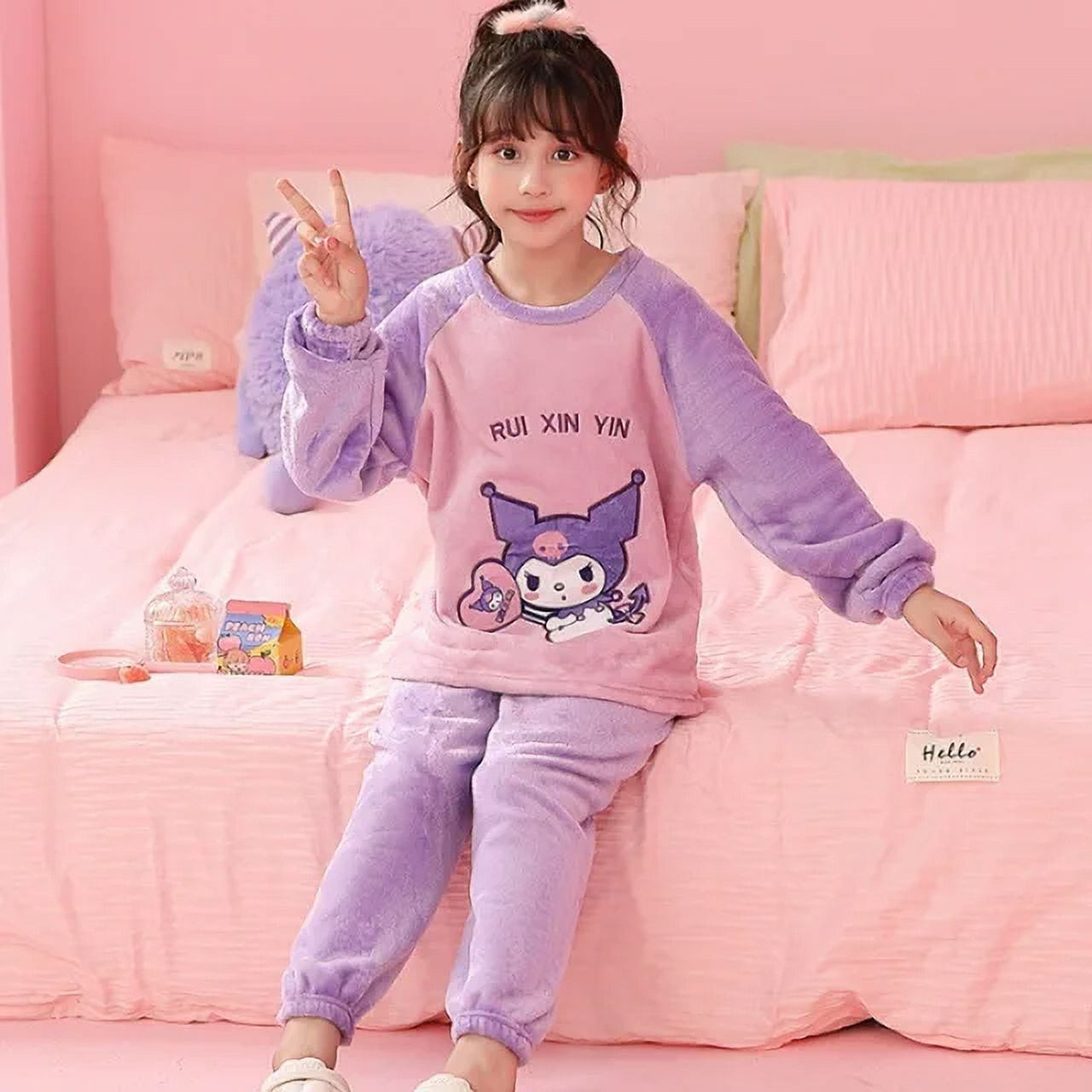Winter Flannel Children Pajamas Set Miniso Kawaii Anime Kuromi Melody ...