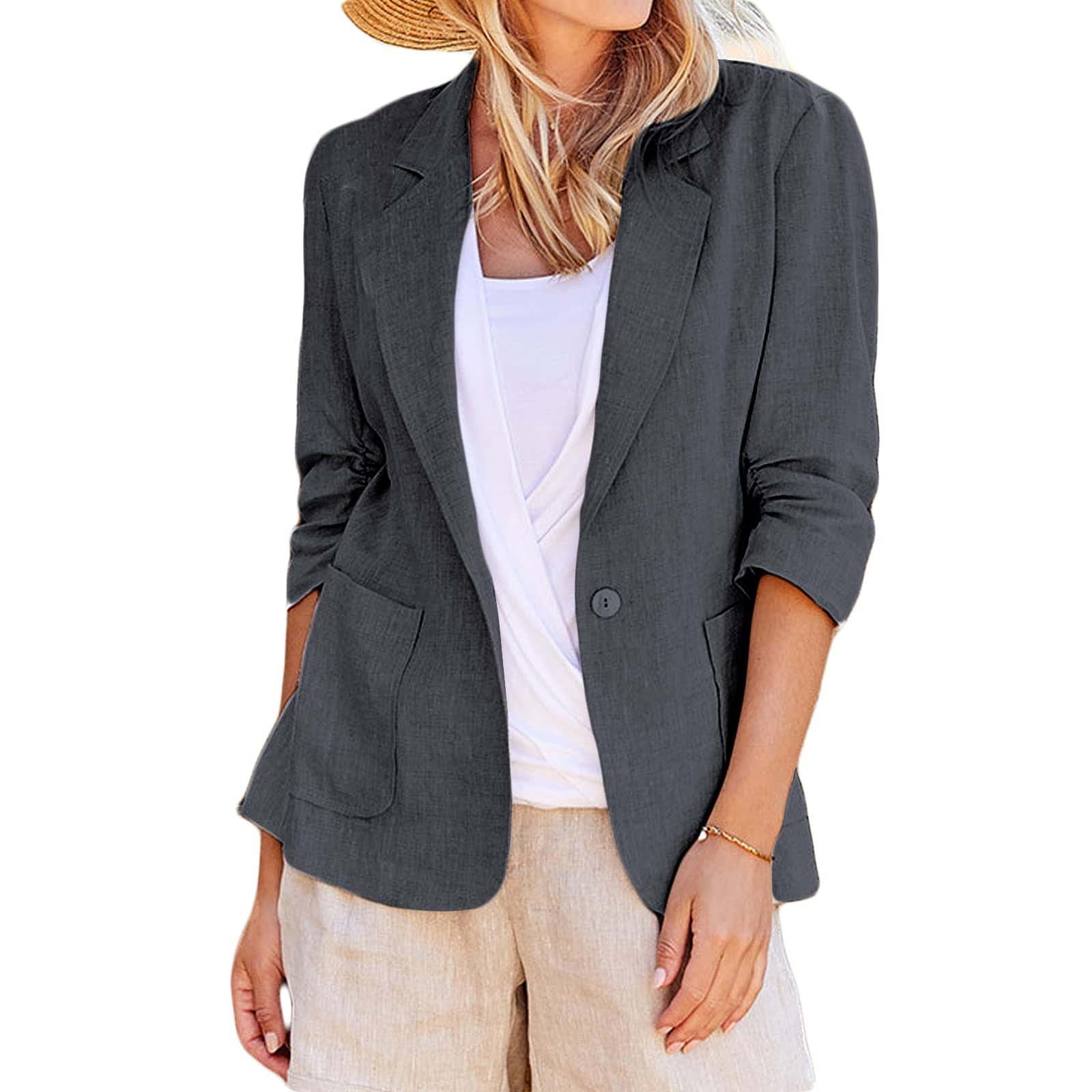Winter Flax Elbow-Length Loose Fit Blazer Jackets for Women Gray Cover ...