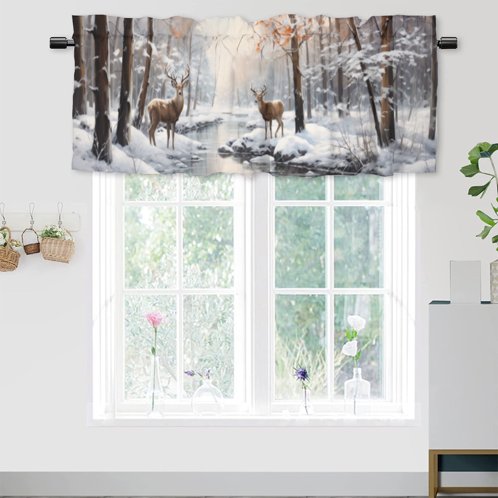 Winter Forest Deer Curtain Valances for Kitchen Windows Wild Animal Elk ...