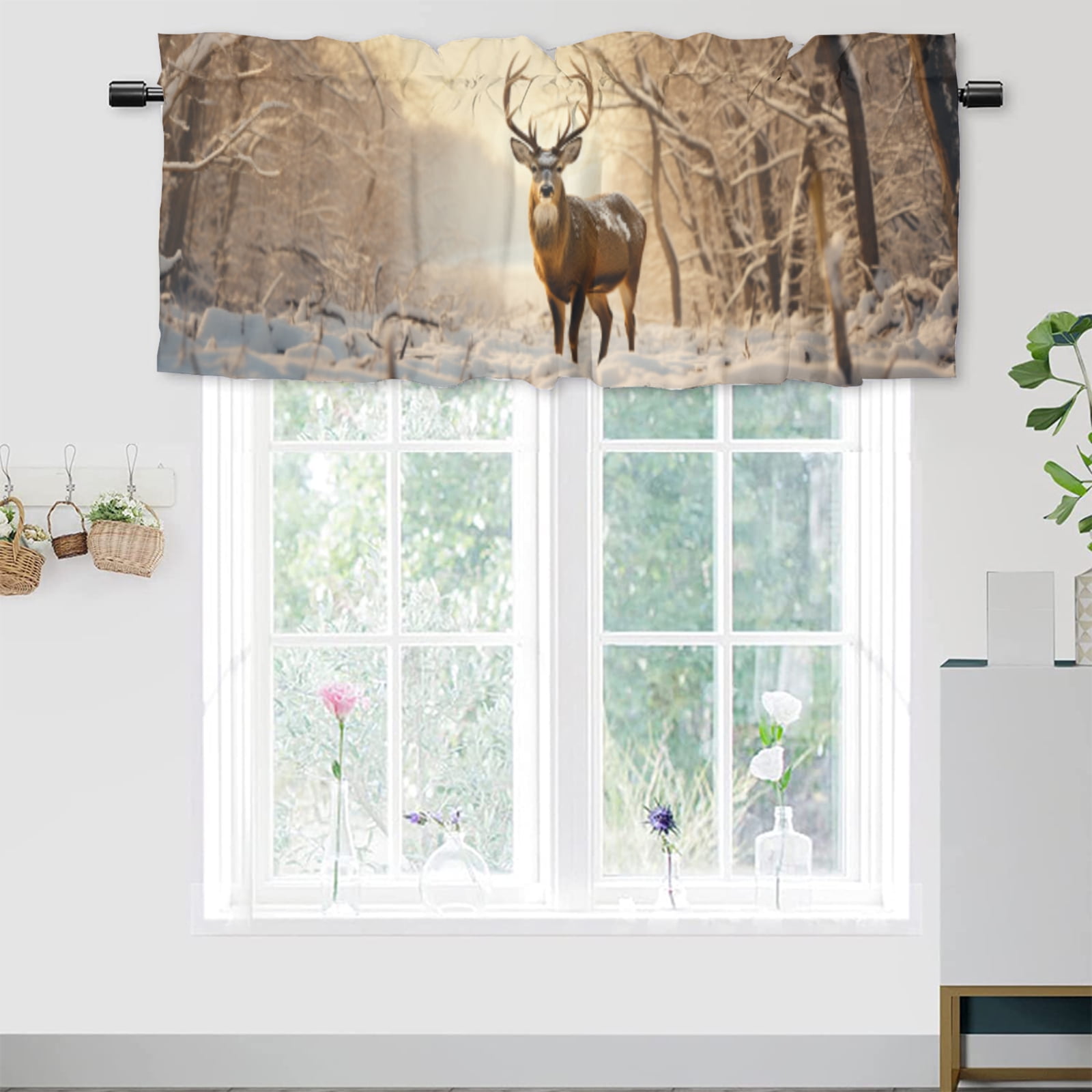 Winter Forest Deer Kitchen Curtain Valances Wild Animal Elk Snowy Tree ...